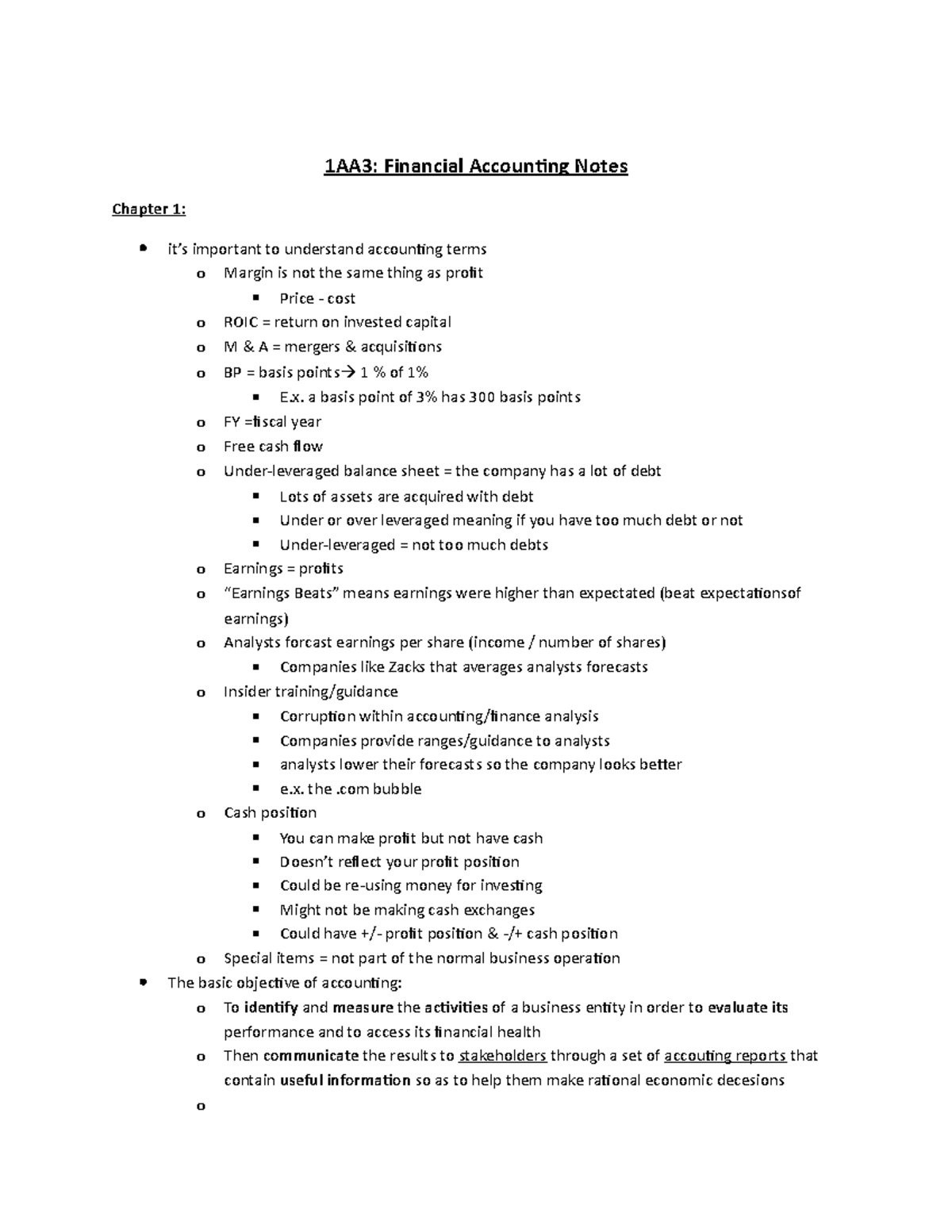 Docx - Lecture notes 4 - 1AA3: Financial Accounting Notes Chapter 1: it ...