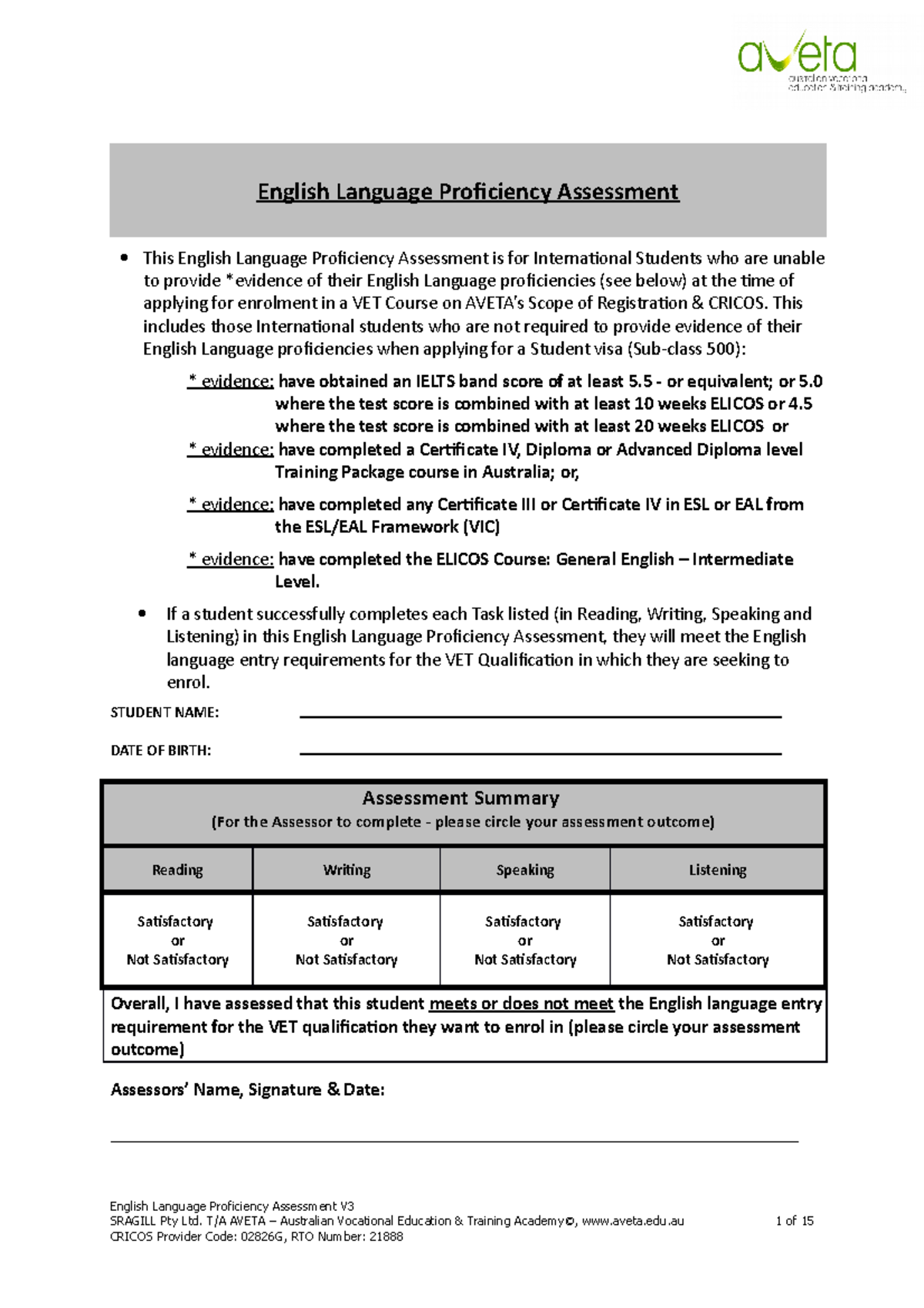 English Language Proficiency Assessment - For entry into Avetas VET ...