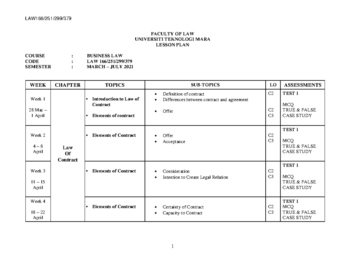 Lesson PLAN LAW299 MAC- August - FACULTY OF LAW UNIVERSITI TEKNOLOGI ...