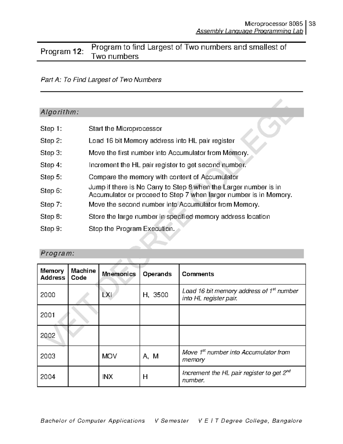 Program 12 - Microprocessor 8085 38 Assembly Language Programming Lab Program 12: Program to ...