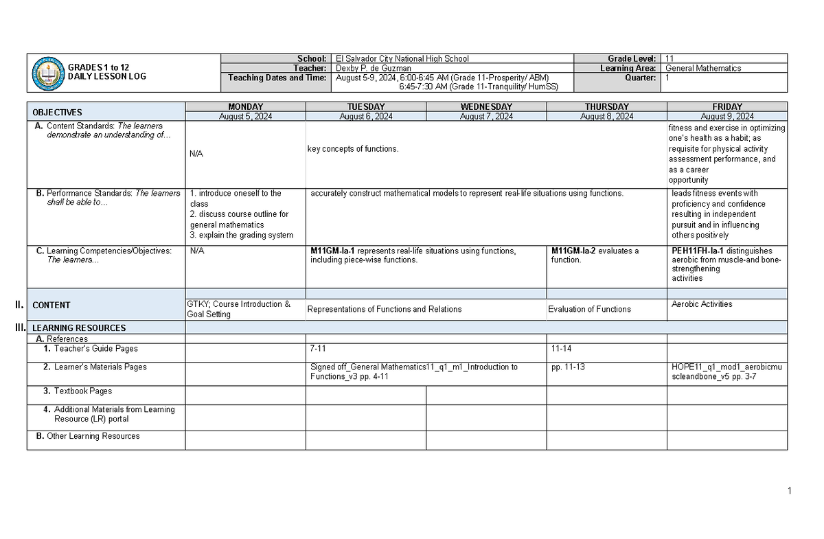 DLL Gen Math Week 1 final - GRADES 1 to 12 DAILY LESSON LOG School: El ...