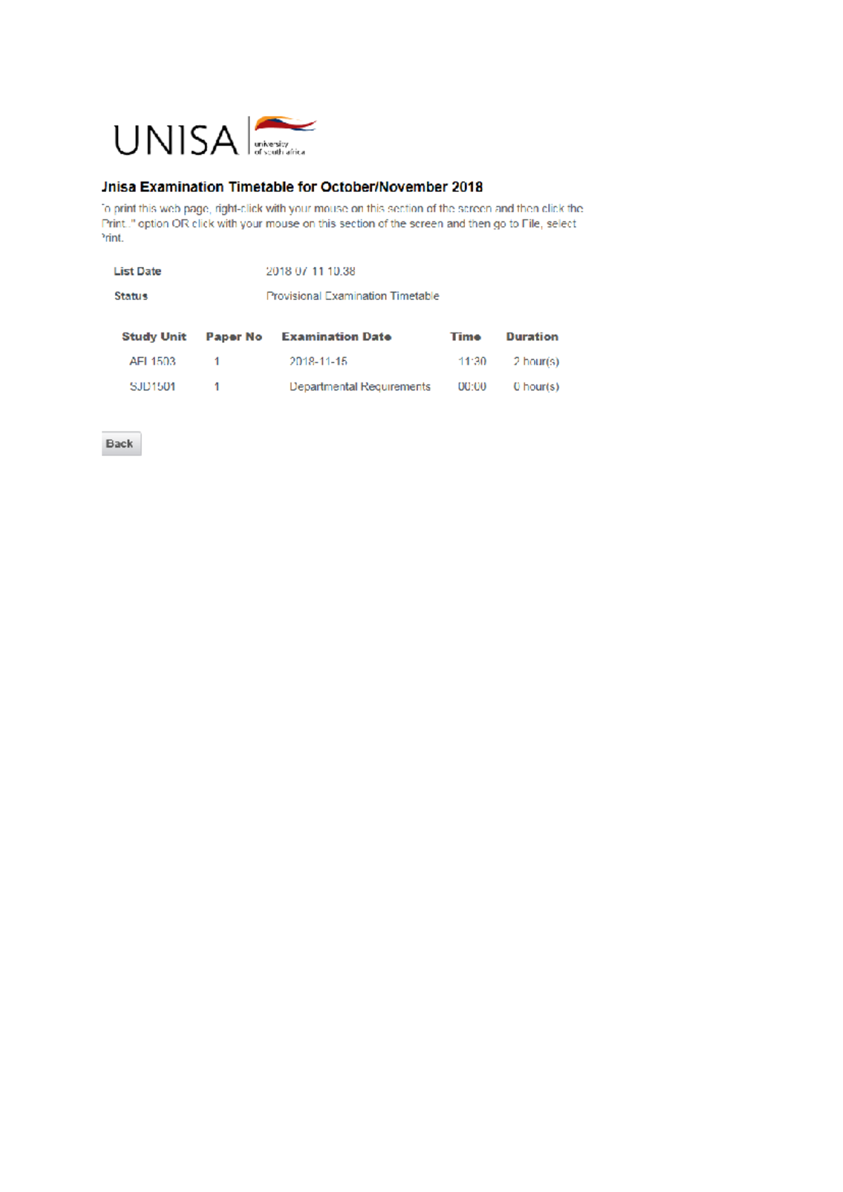 2018 November Dates - just information - UNISA university of south ...