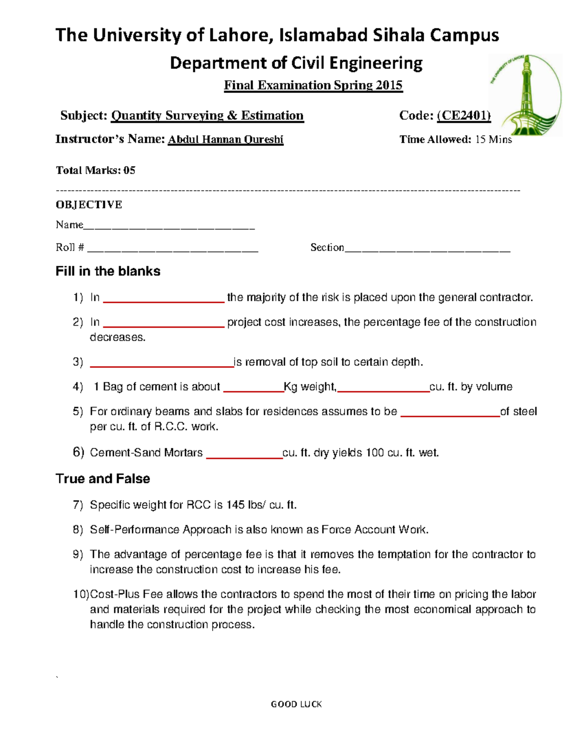 Final Paper Objective (090615) - ` GOOD LUCK The University of Lahore ...