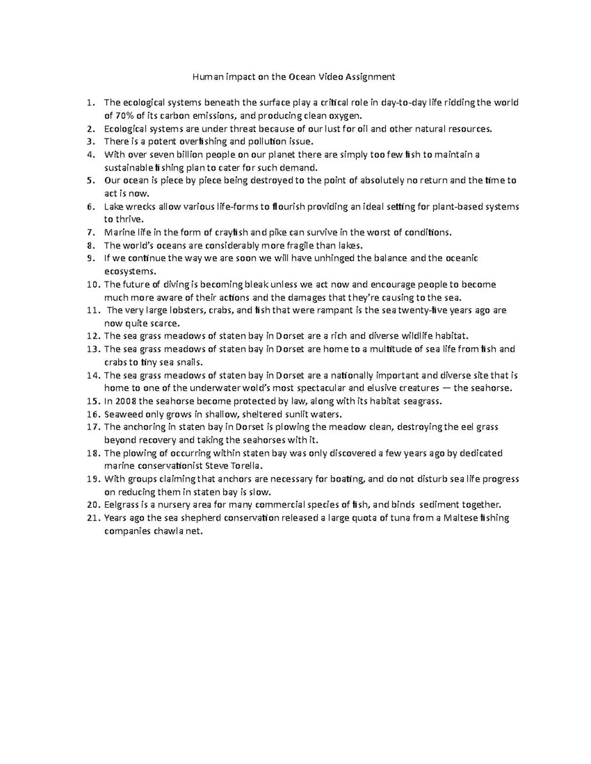 Human Impact on the Ocean Video Assignment - Ecological systems are ...