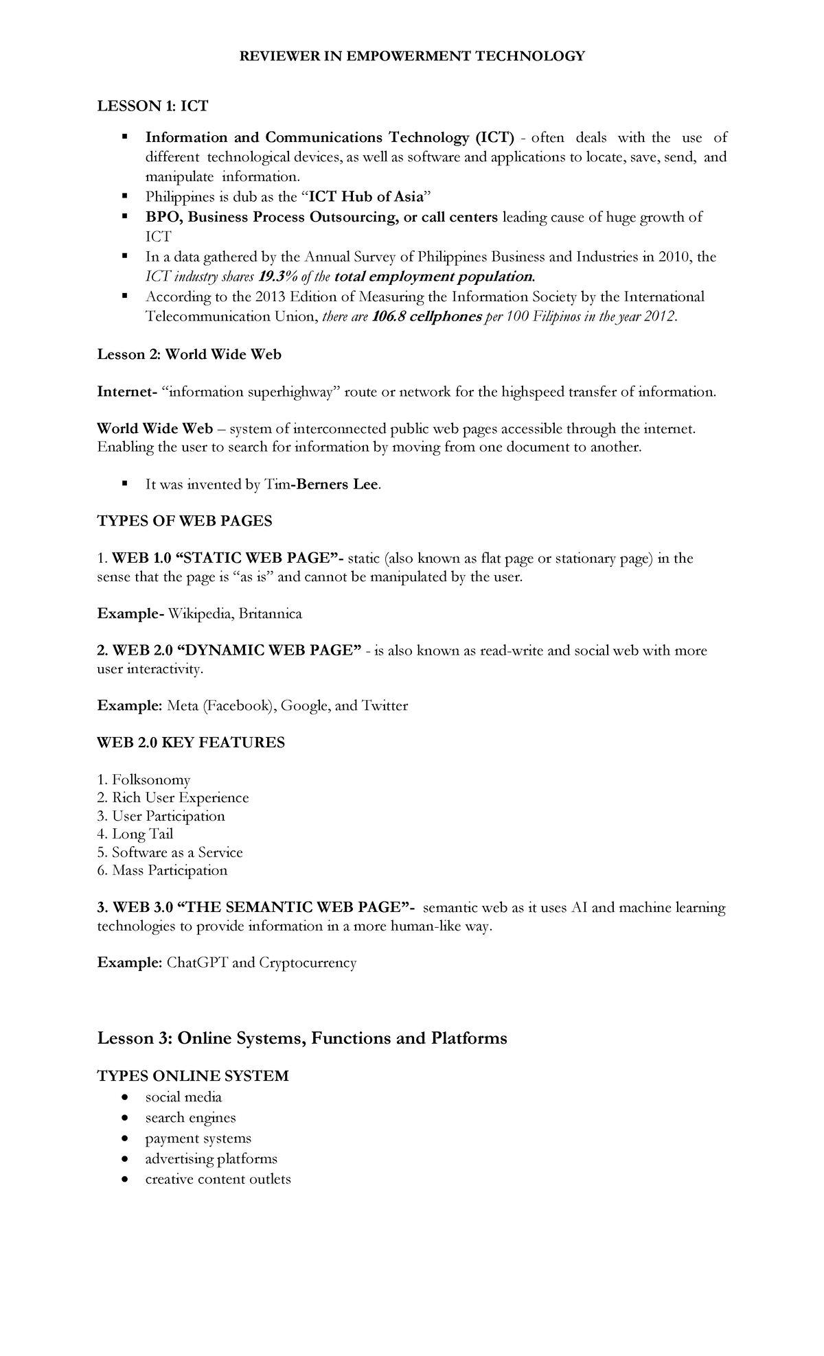 Etech Reviewer - REVIEWER IN EMPOWERMENT TECHNOLOGY LESSON 1: ICT Information and Communications ...