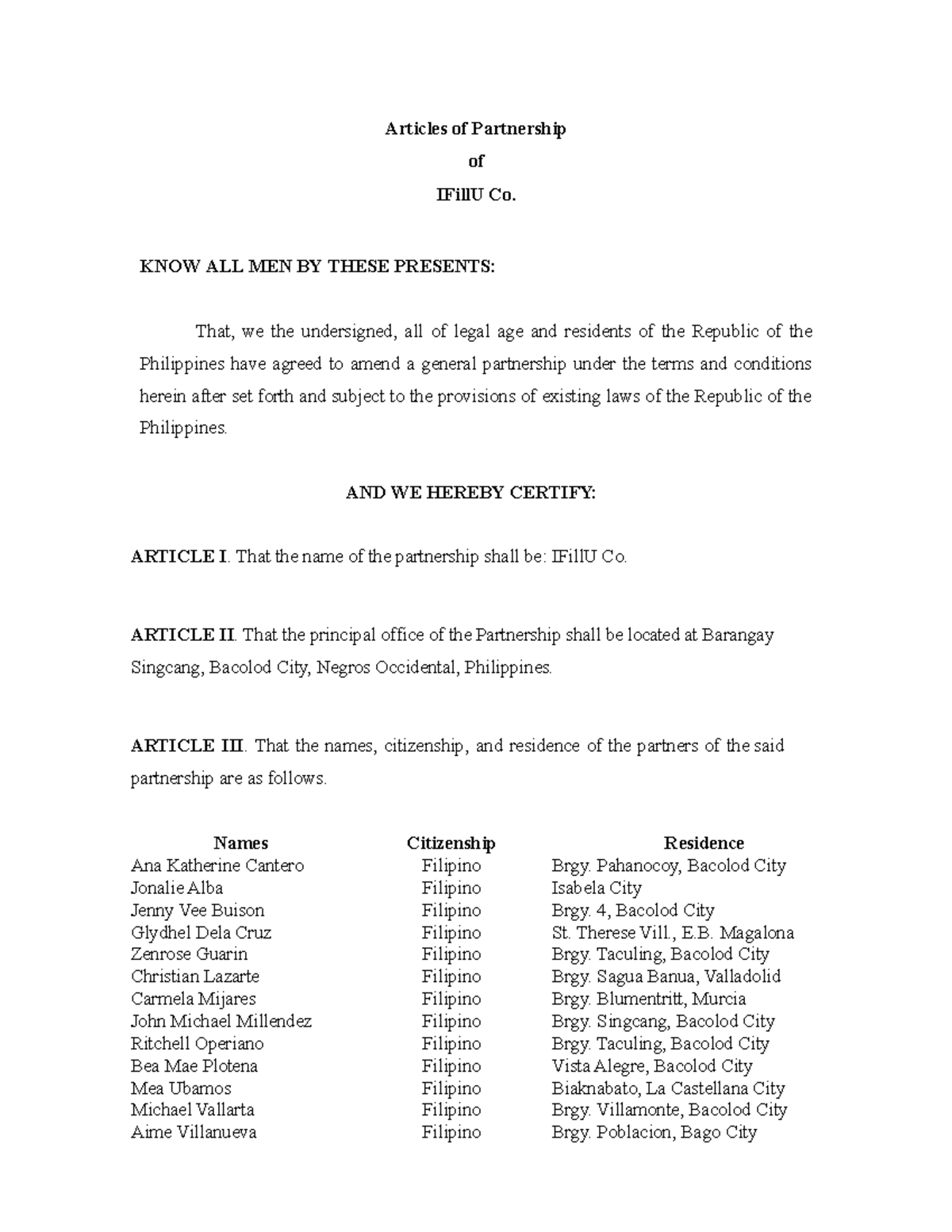 SEC Articles of Partnership Sample Only - Articles of Partnership of ...