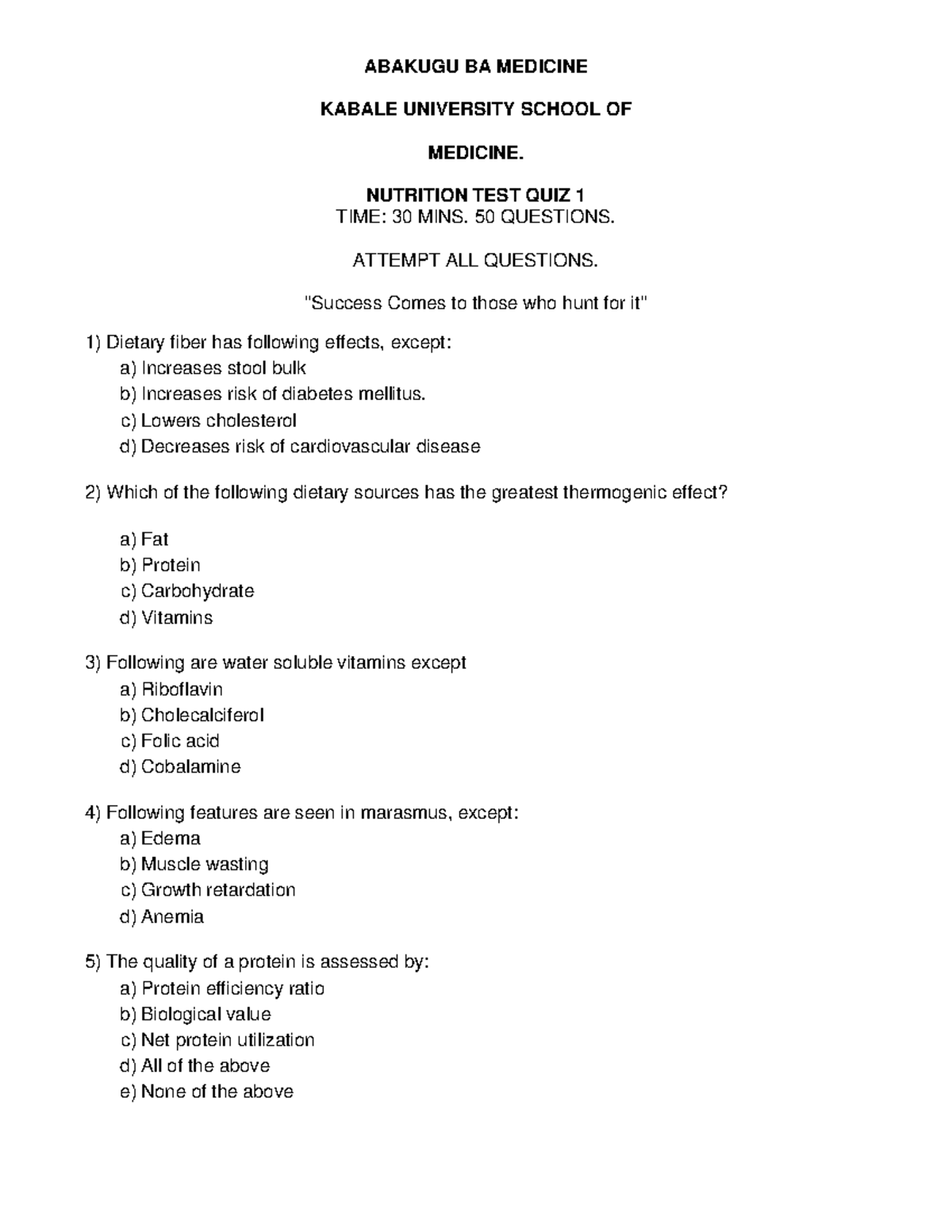 Nutrition Test Quiz 1 ORIG - ABAKUGU BA MEDICINE KABALE UNIVERSITY ...