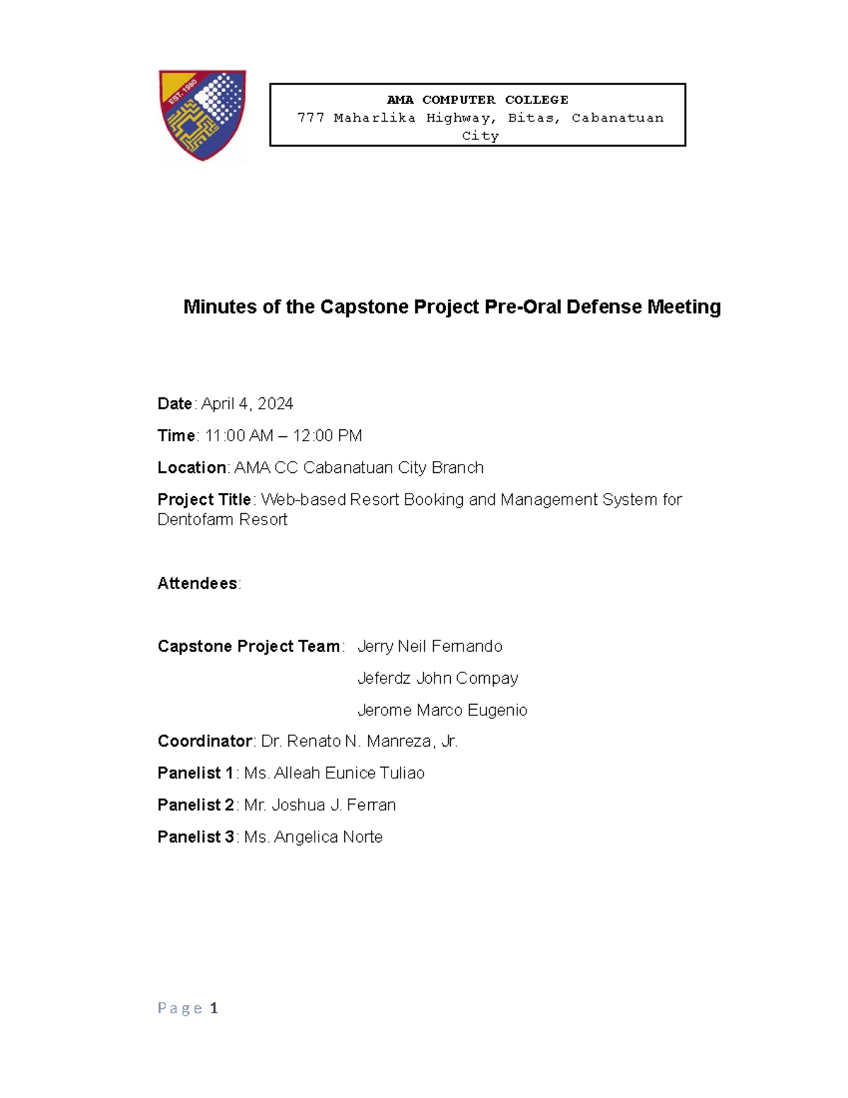 Minutes of the Capstone Project Pre Oral Defense April 2 - Minutes of ...