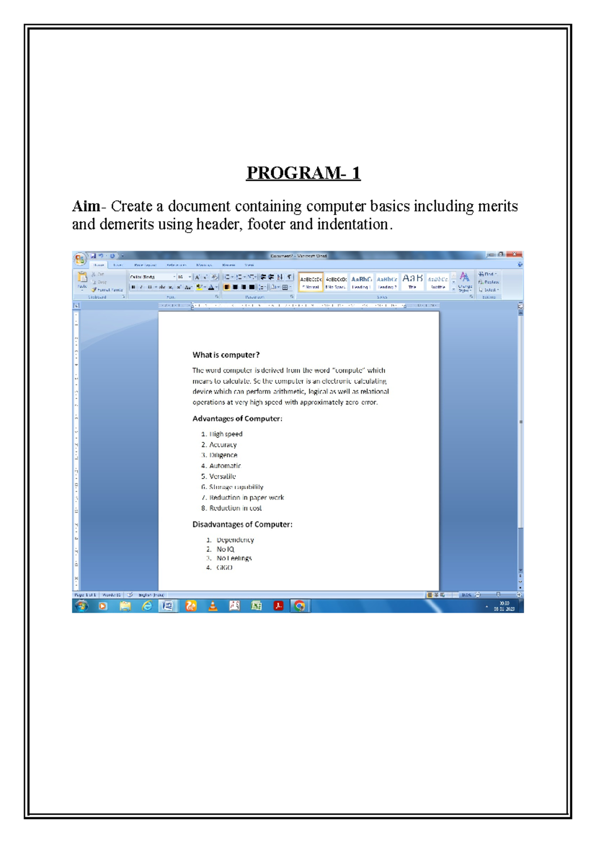 BBA MINOR PROJECT REPORT - PROGRAM- 1 Aim- Create a document containing computer basics ...