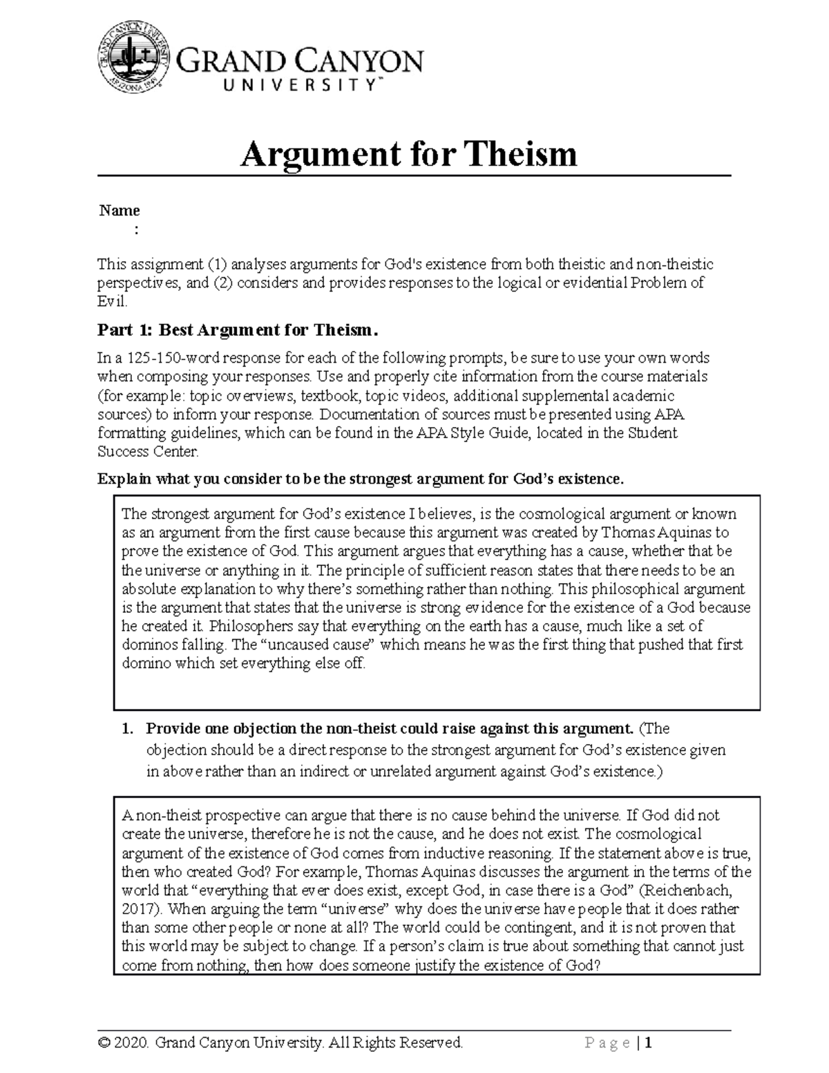 Argument for Theism - Philosophy - Argument for Theism Name : This ...