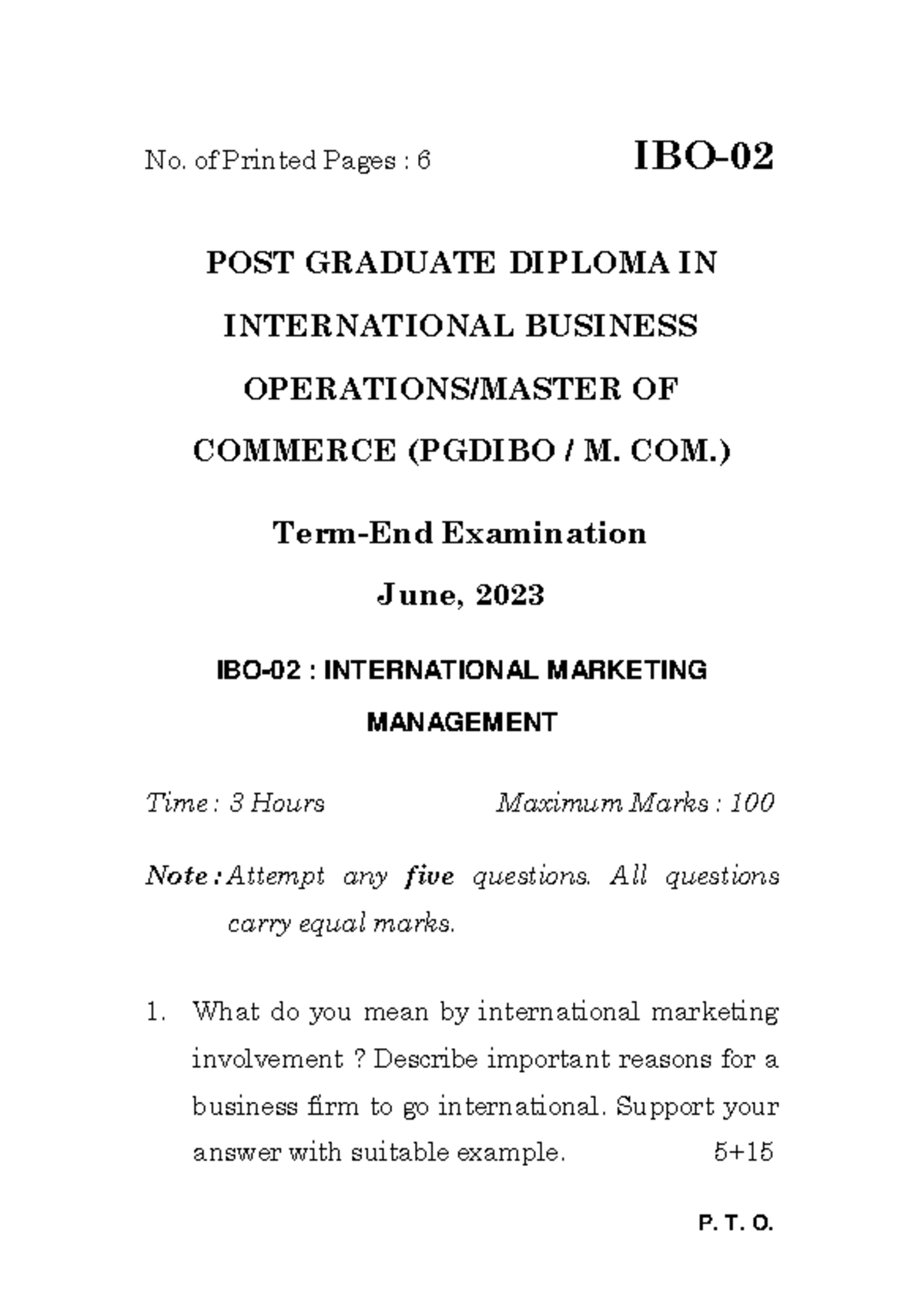 IBO-02 - Notes - P. T. O. No. of Printed Pages : 6 IBO- POST GRADUATE ...