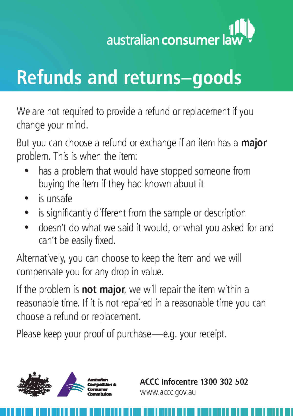 Refunds and remedies counter display - ACCC Infocentre 1300 302 502 ...