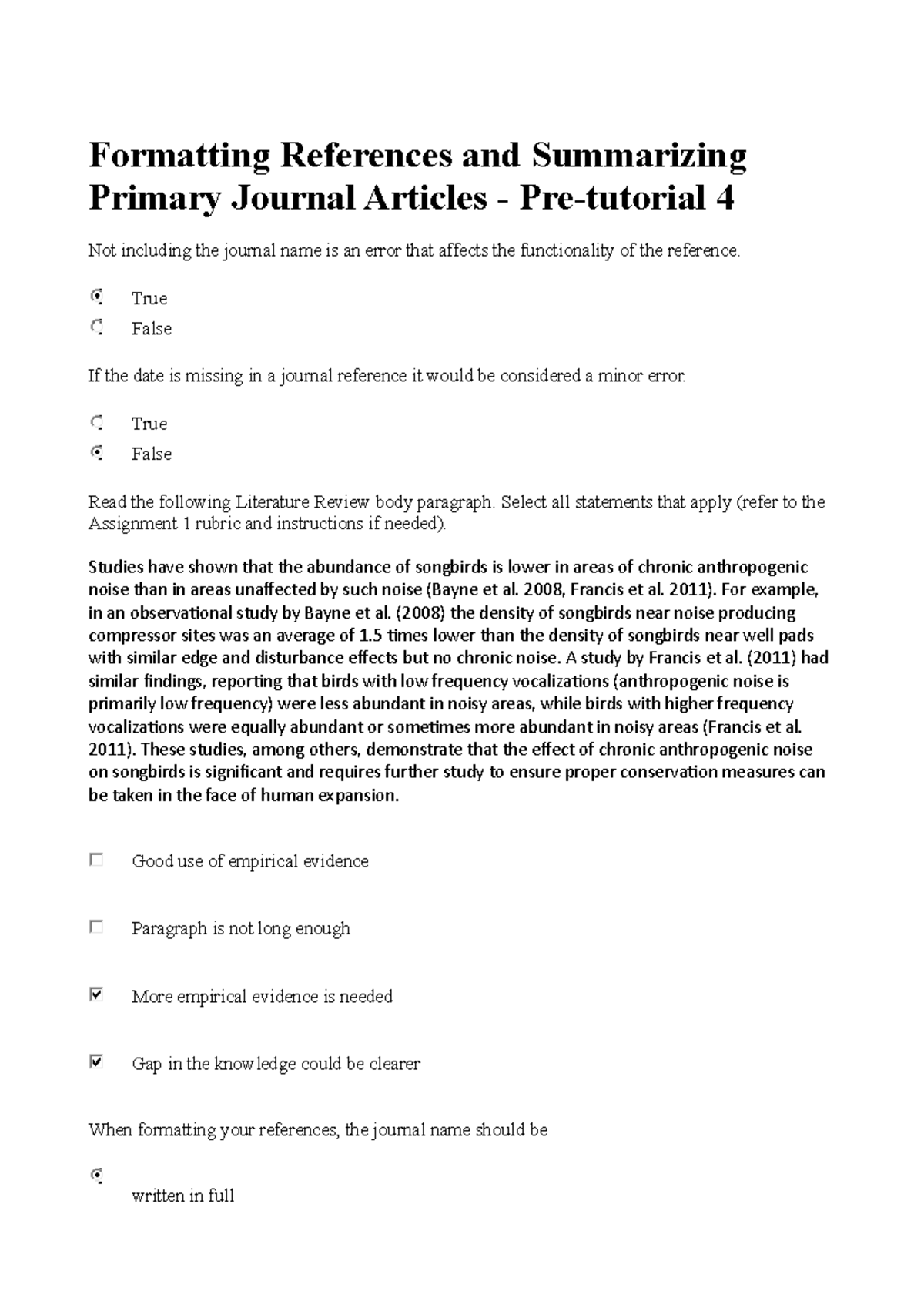 Pre-tutorial 4 QUIZ - BIOL 2060 - Formatting References and Summarizing ...
