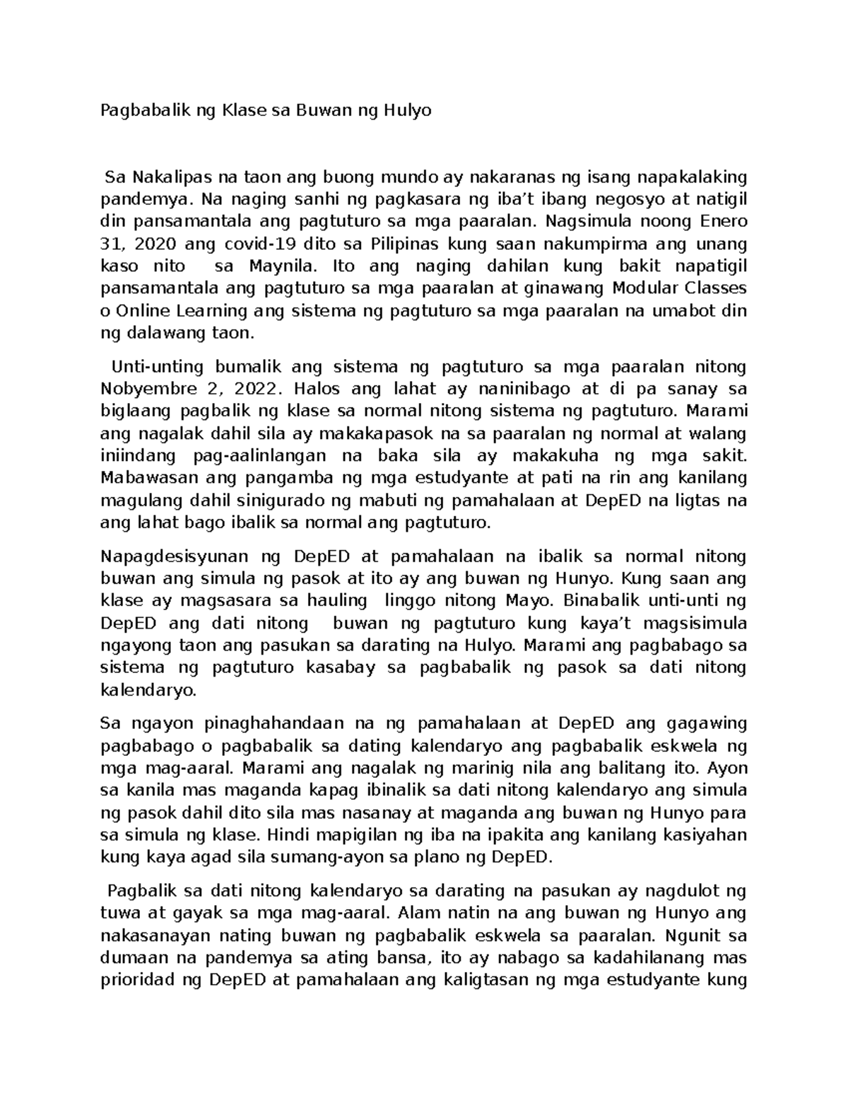 Editorial Filipino - Notes - Pagbabalik ng Klase sa Buwan ng Hulyo Sa ...