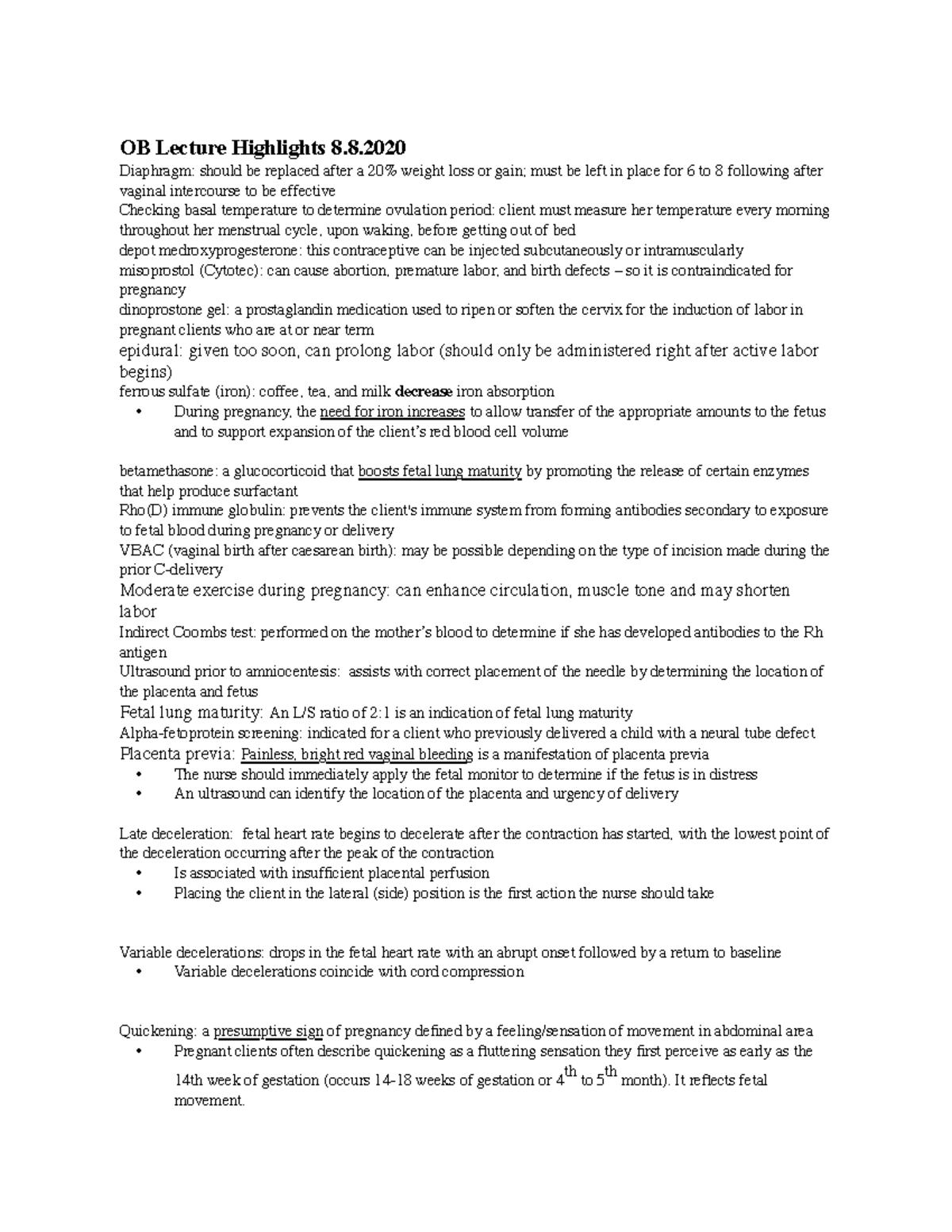 OB Lecture 8 - notes - OB Lecture Highlights 8. Diaphragm: should be ...
