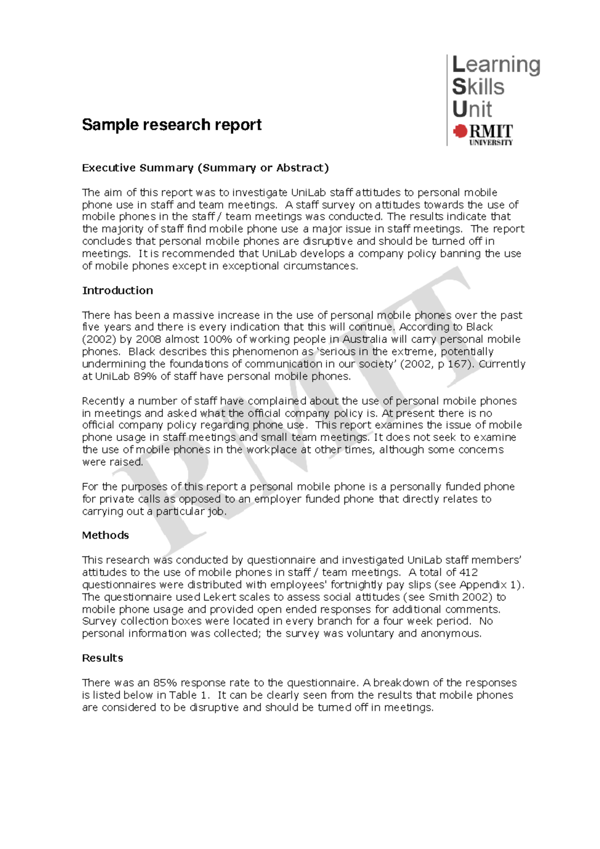 Research report sample 2 - Sample research report Executive Summary ...