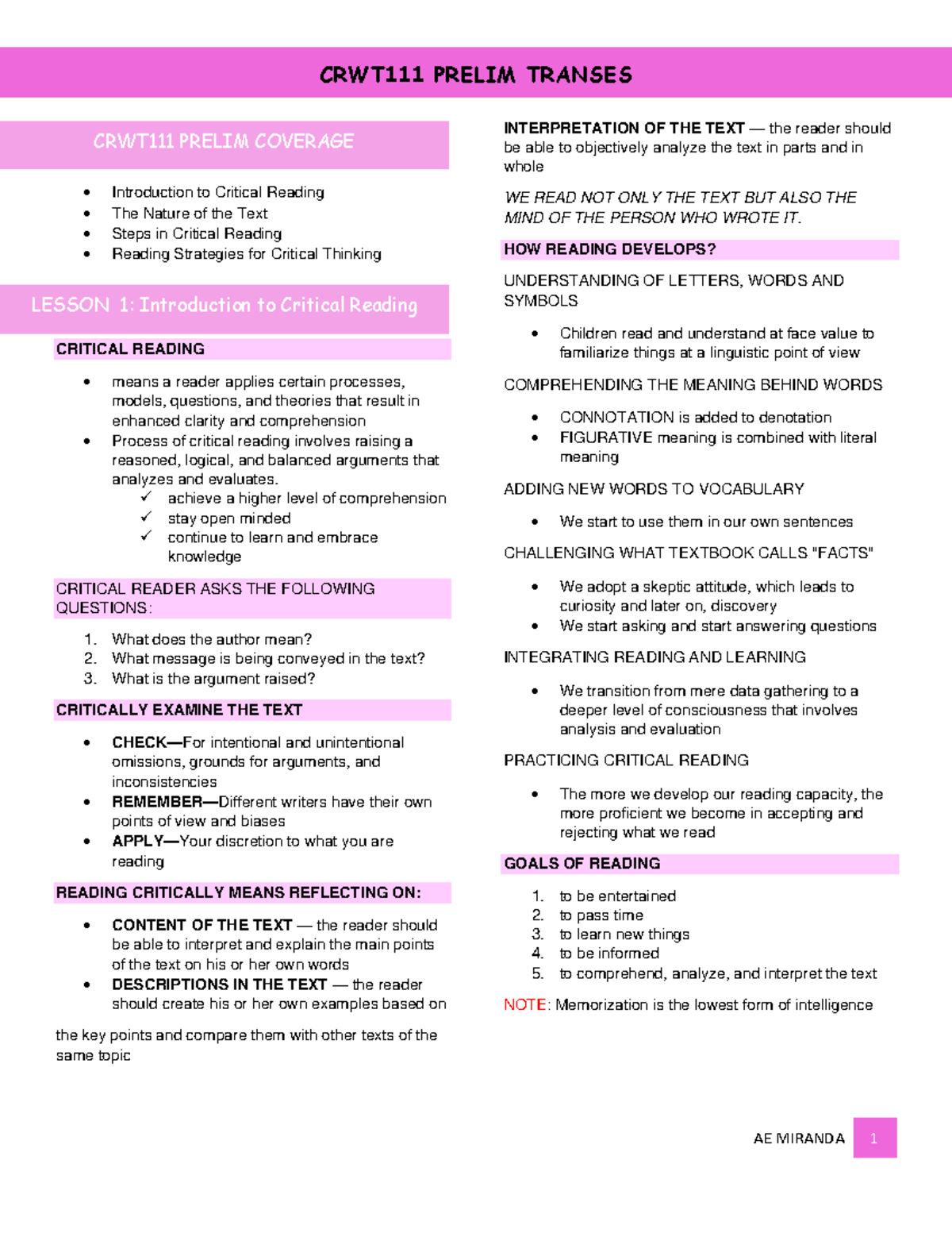 CRWT Prelim Transes - REVIEWER - Introduction to Critical Reading The ...