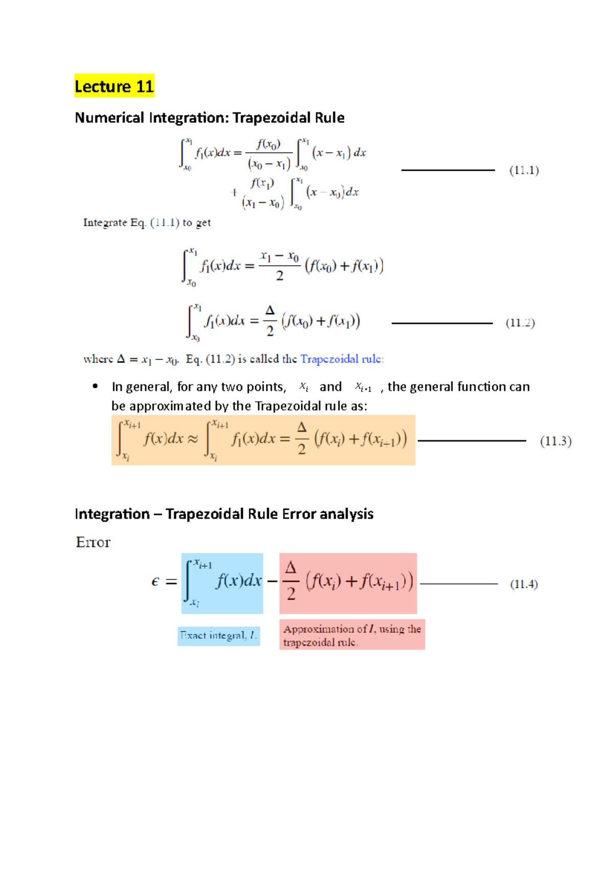 Lecture 11 - Lecture 11 Numerical Integration: Trapezoidal Rule In ...