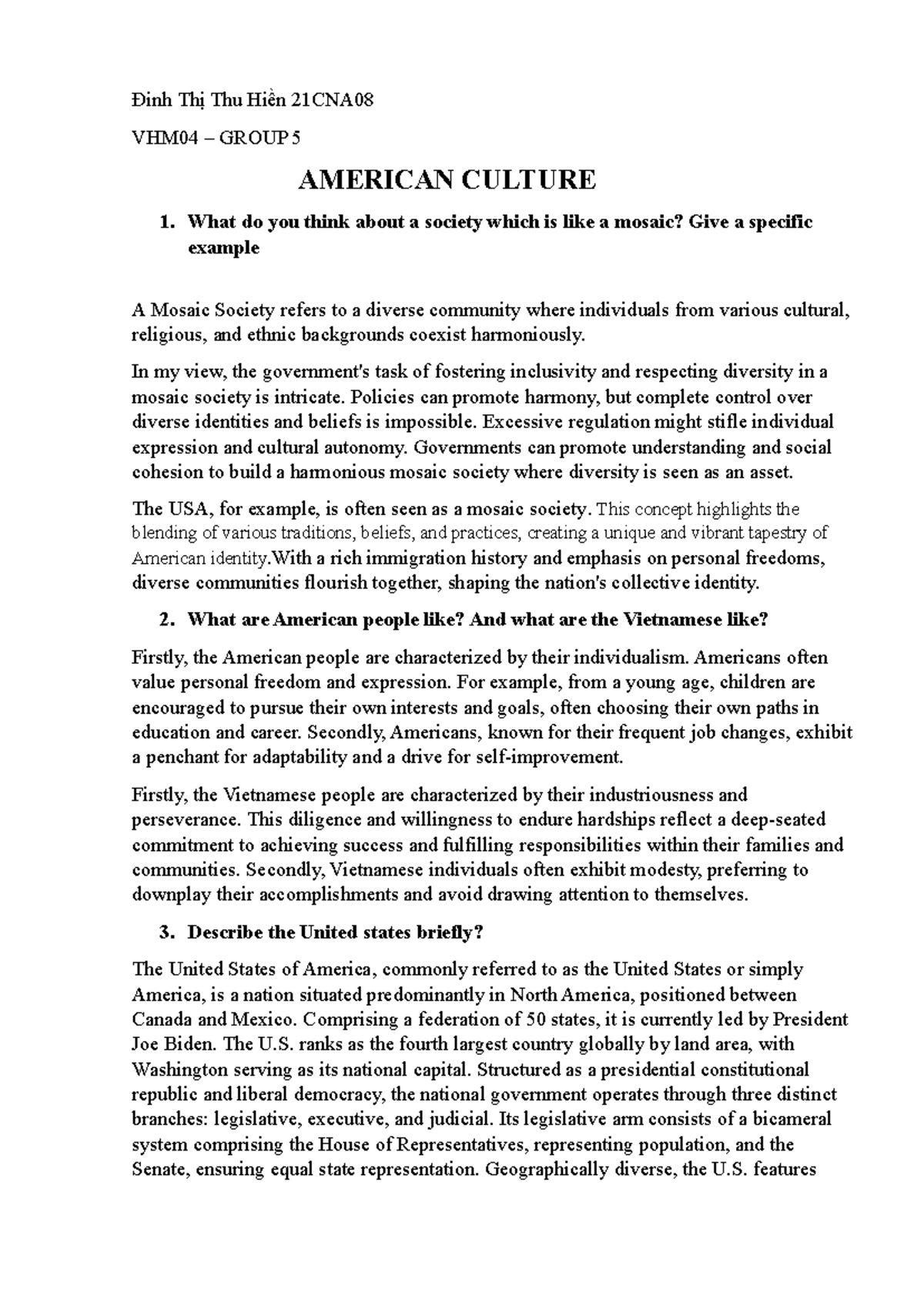 American Culture ĐỀ CƯƠNG - Đinh Thị Thu Hiền 21CNA VHM04 – GROUP 5 ...