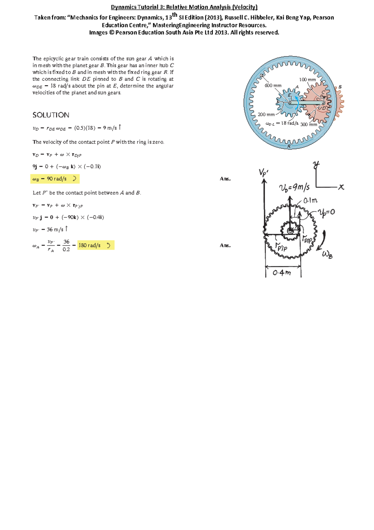 Relative Motion Analysis (Velocity) solution - The epicyclic gear train ...