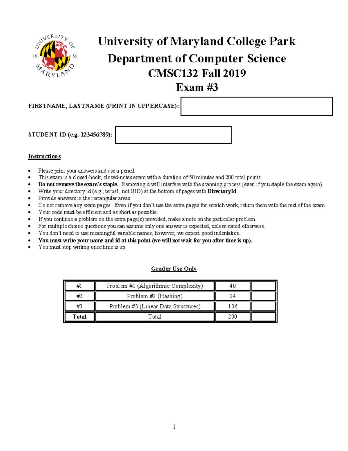 Exam3132Fall2019 - Exam 3 - University of Maryland College Park ...