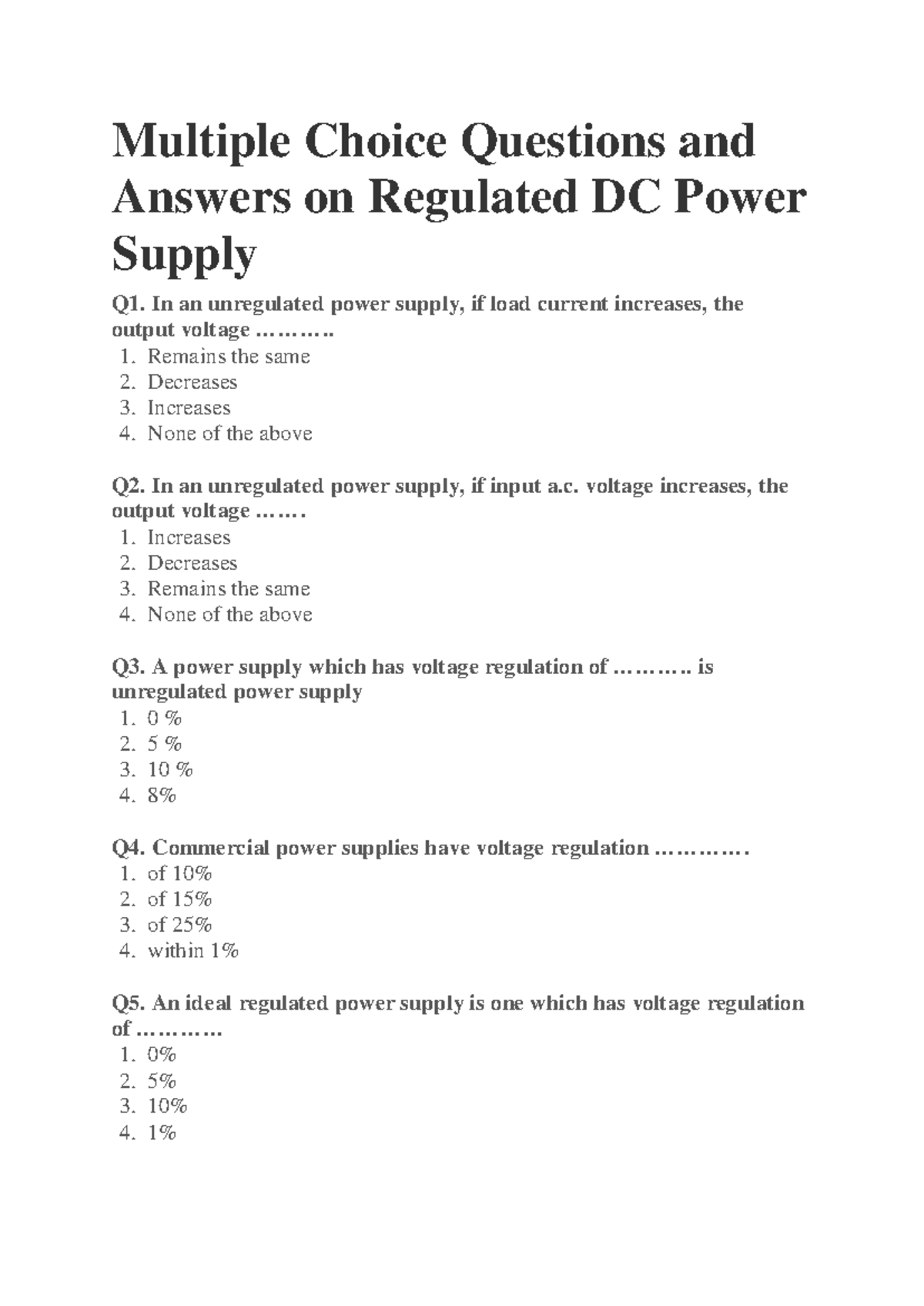 MCQ Regulated DC Power Suppliesedited - Multiple Choice Questions and ...