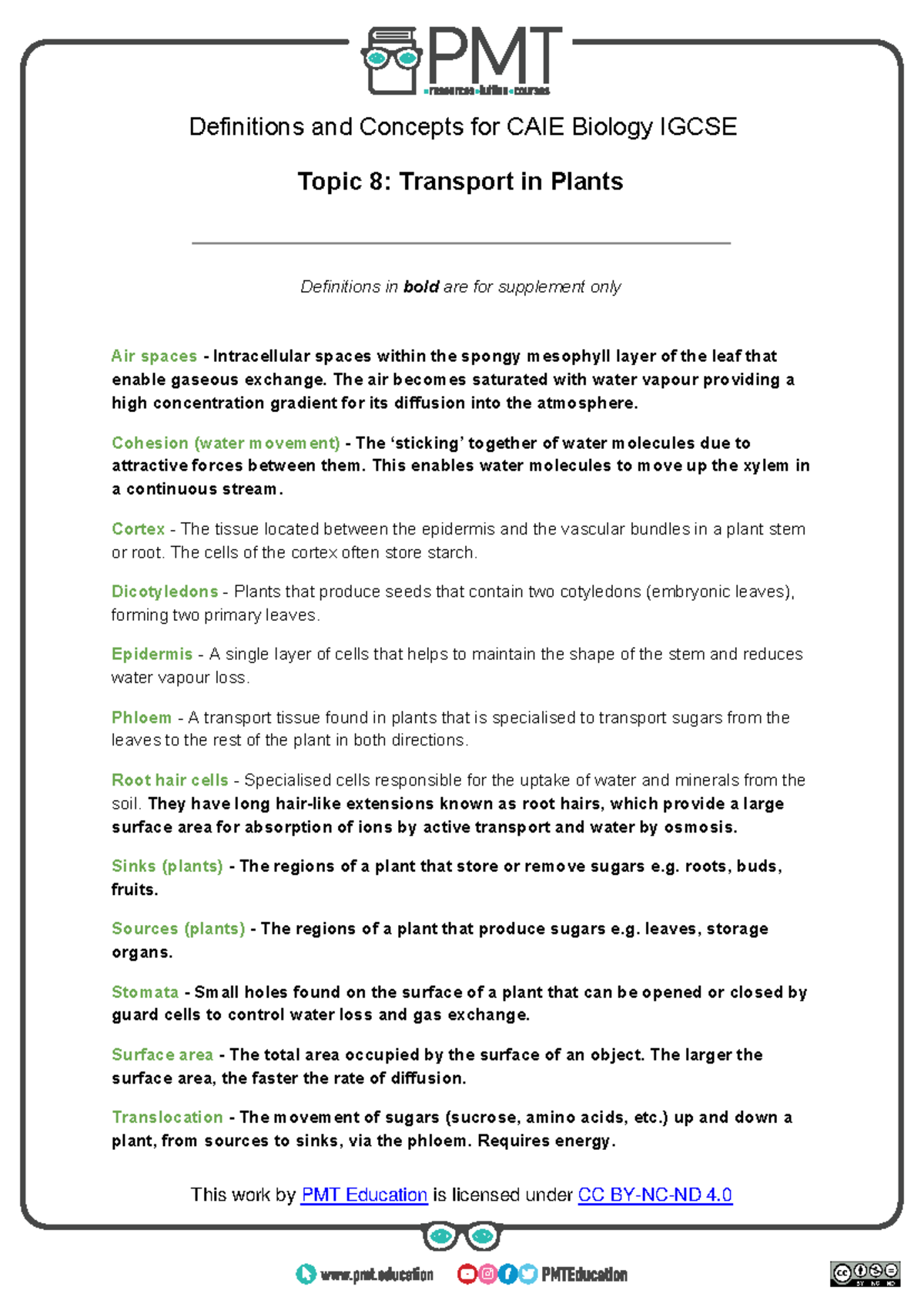 Definitions - Topic 8 Transport in plants - CAIE Biology Igcse - bit ...