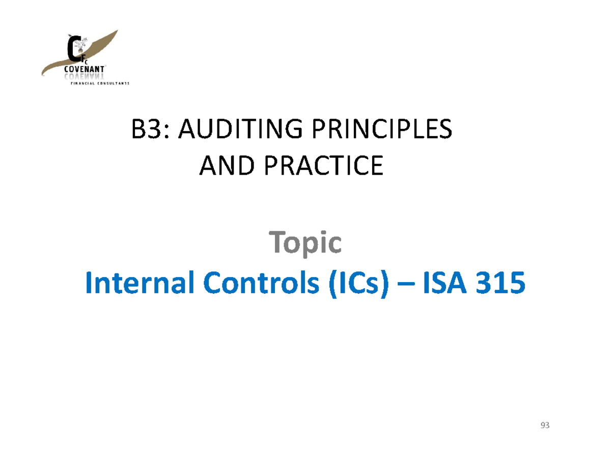 05. Internal Controls (ICs) – ISA 315 Handout - Topic Internal Controls ...