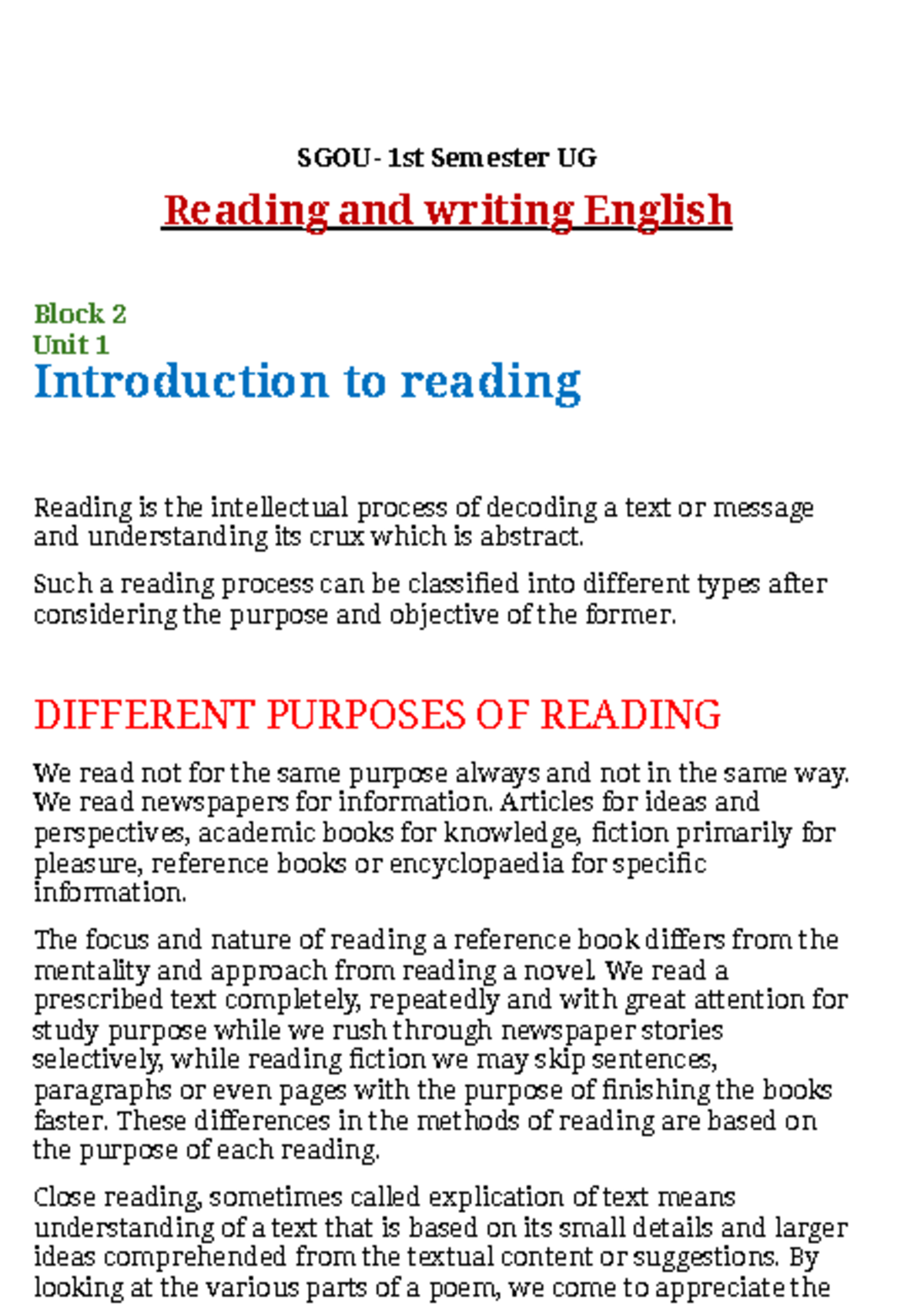 Introduction to reading - SGOU- 1st Semester UG Reading and writing ...