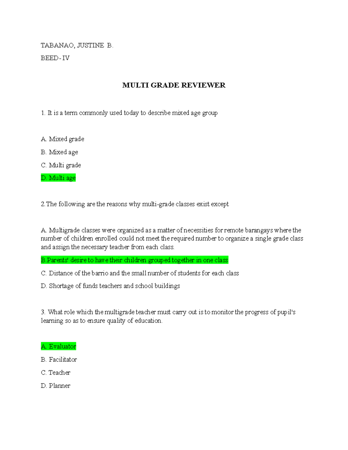 Multigrade- Reviewer - TABANAO, JUSTINE B. BEED- IV MULTI GRADE ...