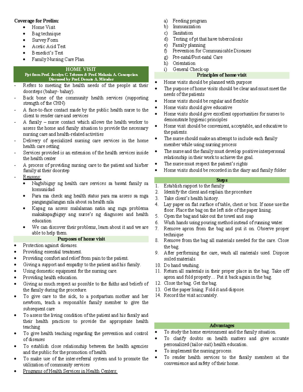 Community Health Nursing RLE - Coverage for Prelim: - Home Visit - Bag ...