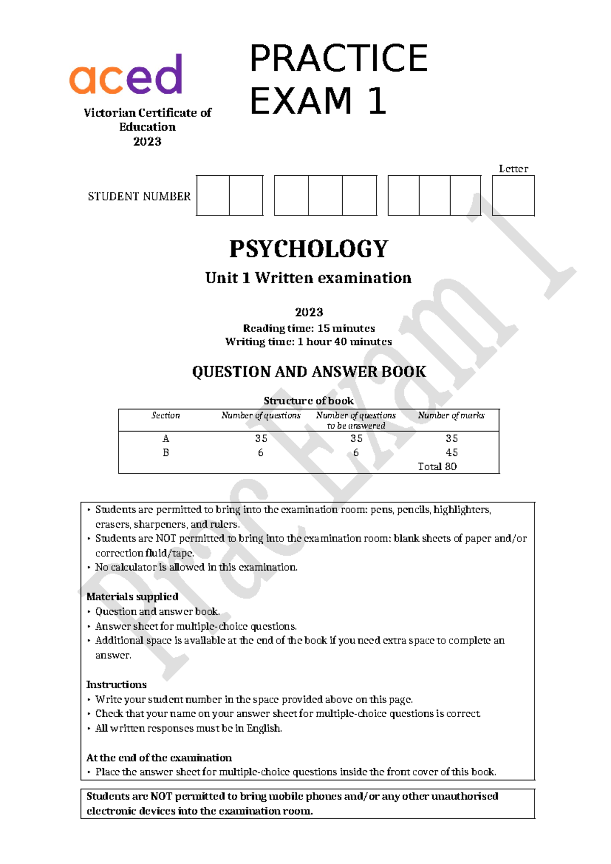 Prac Exam 1 (ACED U1 Psych Exam 2023) - Victorian Certificate of Education 2023 PRACTICE EXAM 1 ...