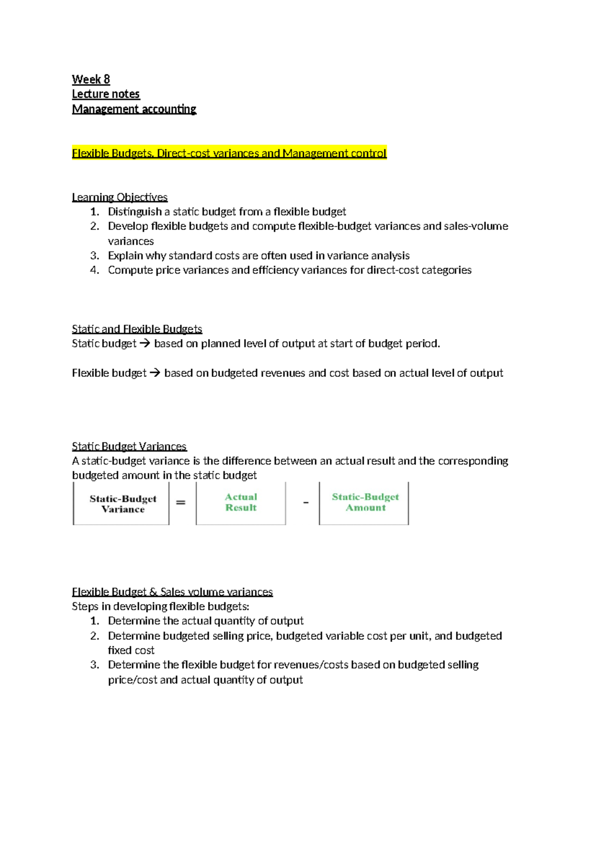 Week 8 notes - Week 8 Lecture notes Management accounting Flexible ...