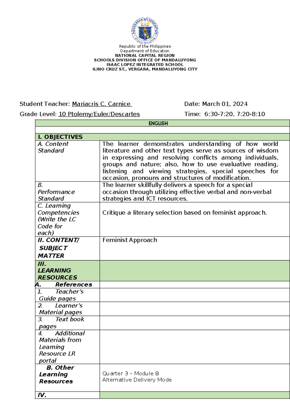 Feminist Approach LP - Republic of the Philippines Department of ...