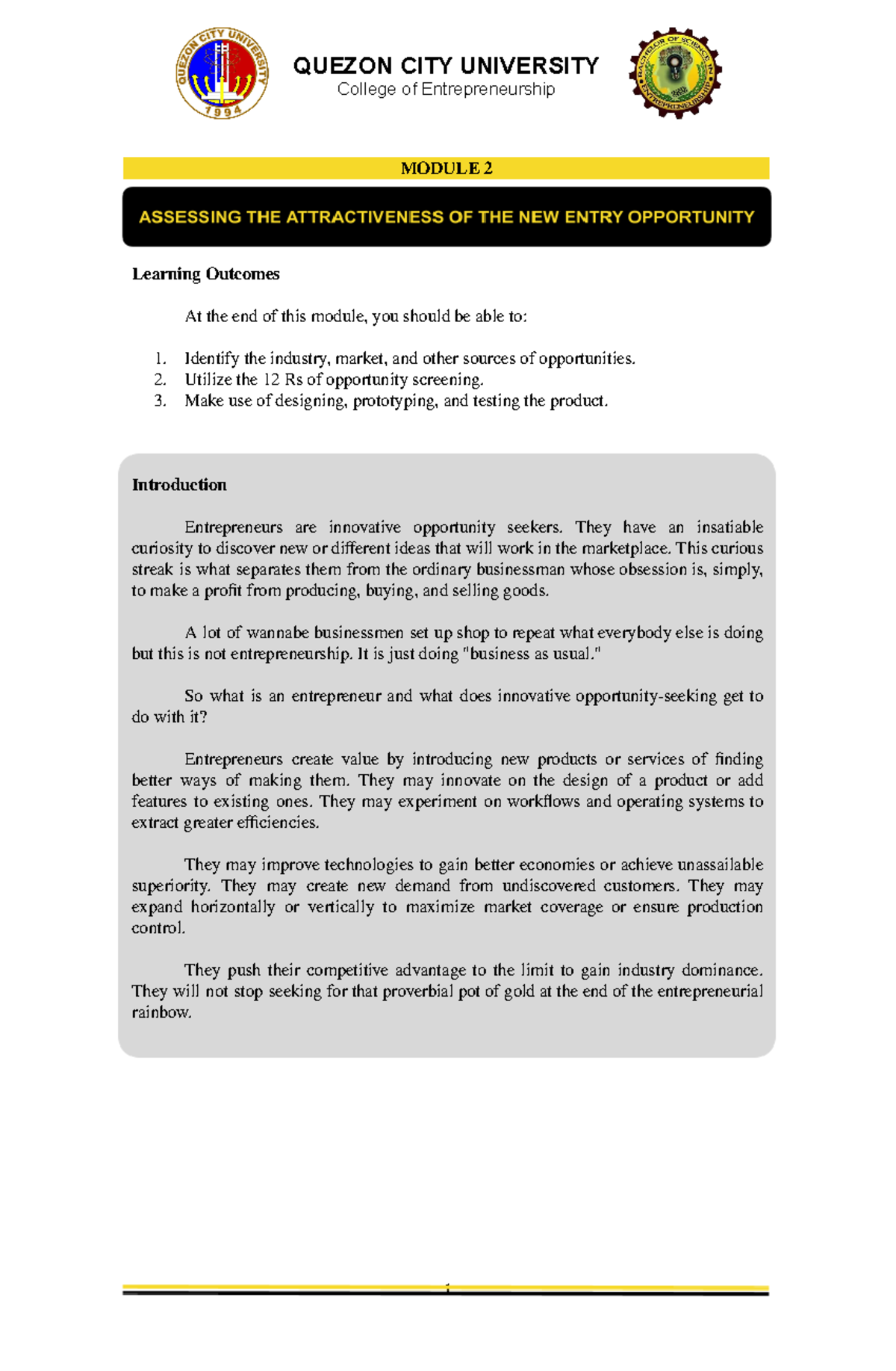 Opp Seek Topic 6 - Entrep Subject n nnnmmmmm - College of ...