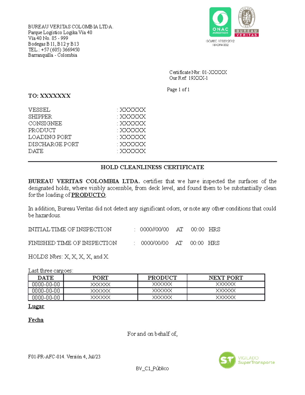 F01-PR-AFC-014 Ver 4 Hold Cleanliness Certificate - BUREAU VERITAS ...