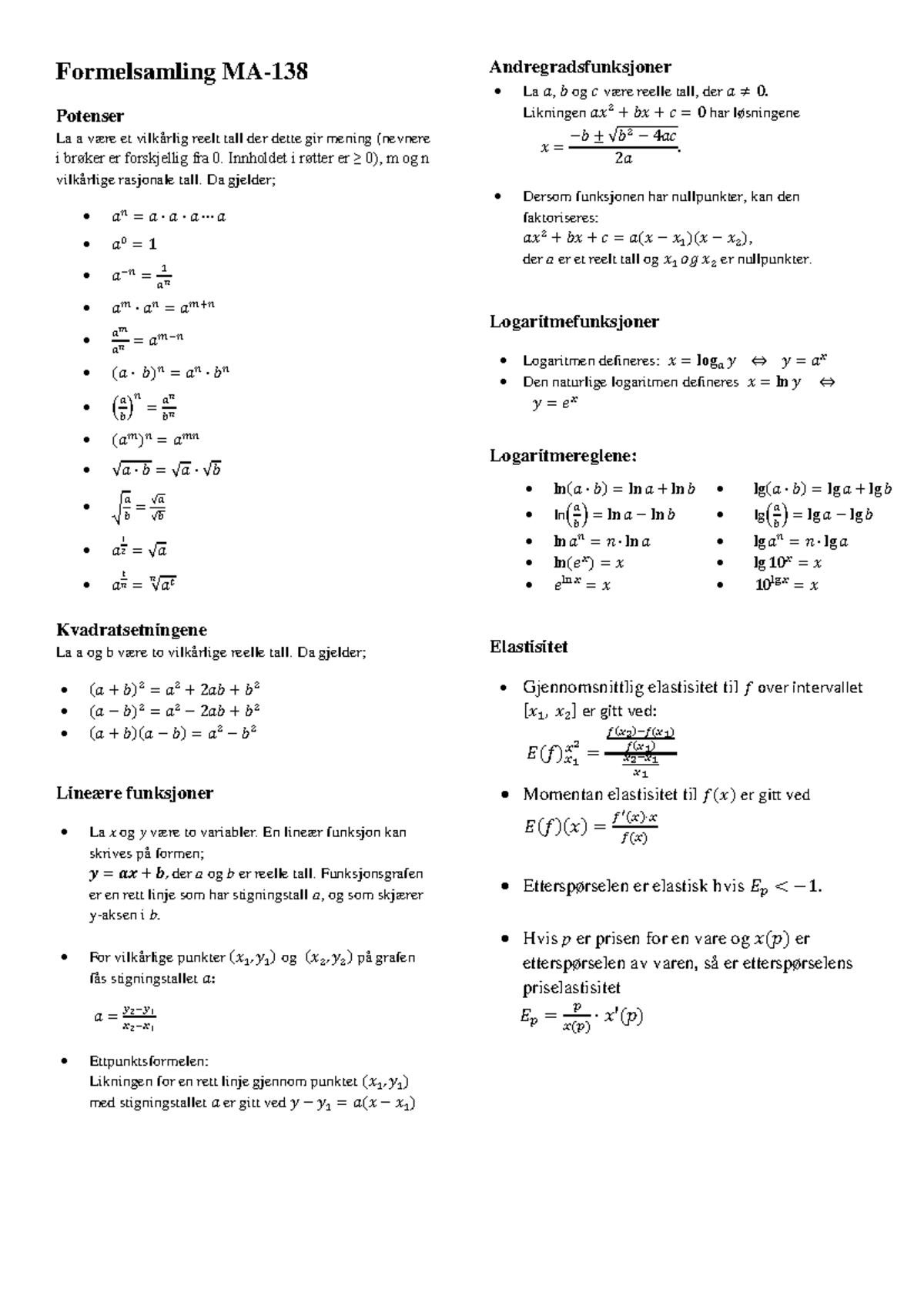 Formelsamling MA-138 - Innholdet i røtter er ≥ 0), m og n vilkårlige ...