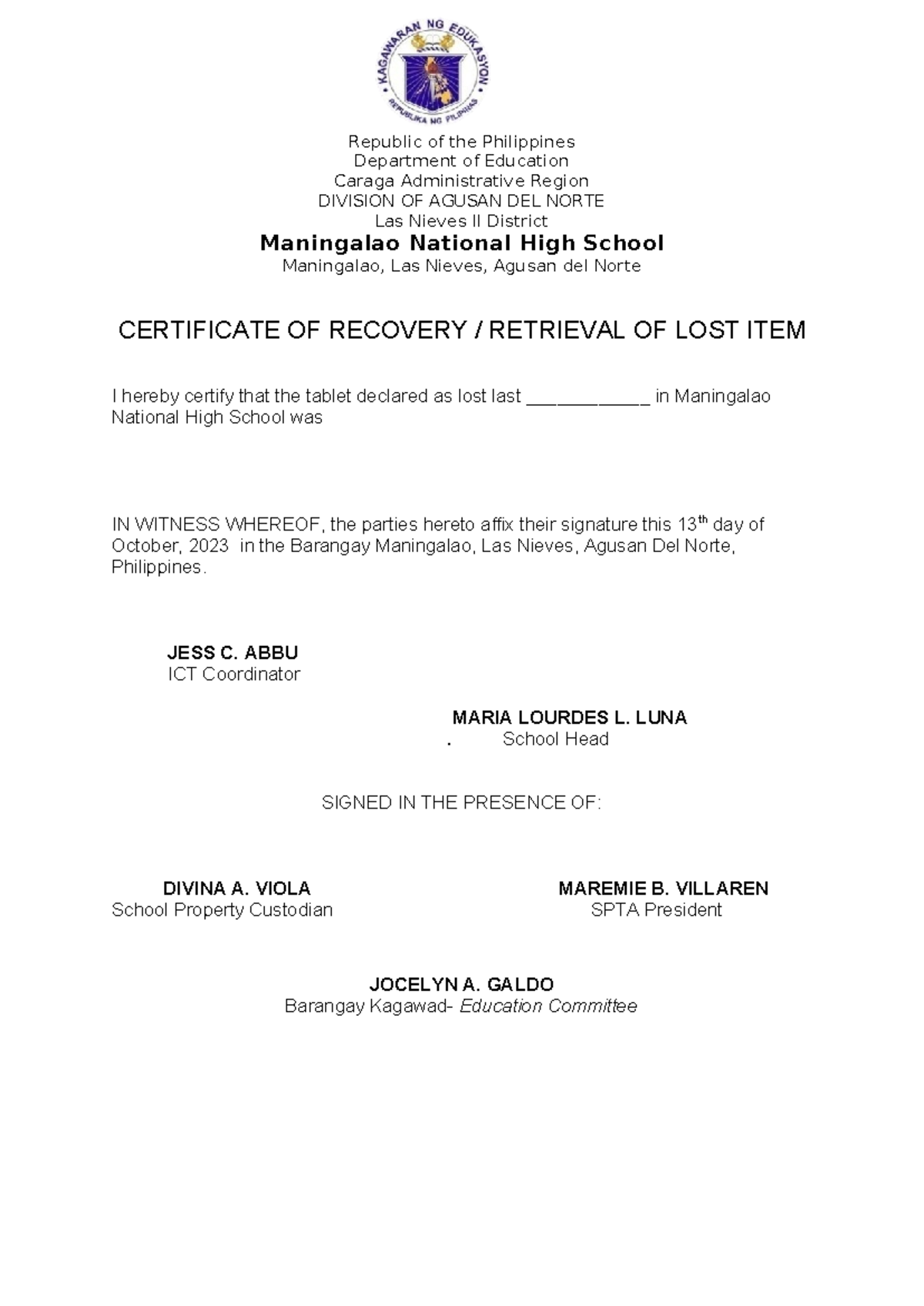 Cerification - ....... - Republic of the Philippines Department of ...
