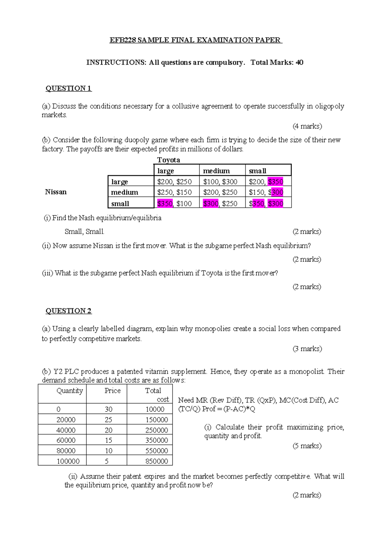 Sample final exam paper S2 - EFB228 SAMPLE FINAL EXAMINATION PAPER ...