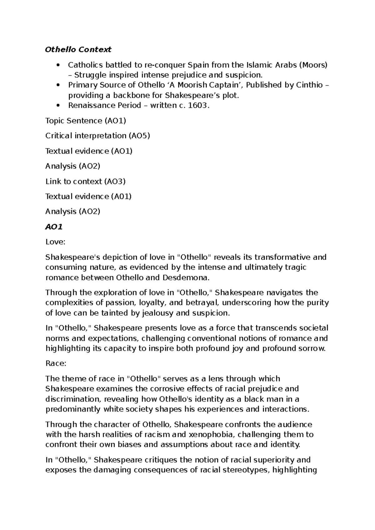Othello - Context+AO1 - AO1 - Othello Context Catholics battled to re ...