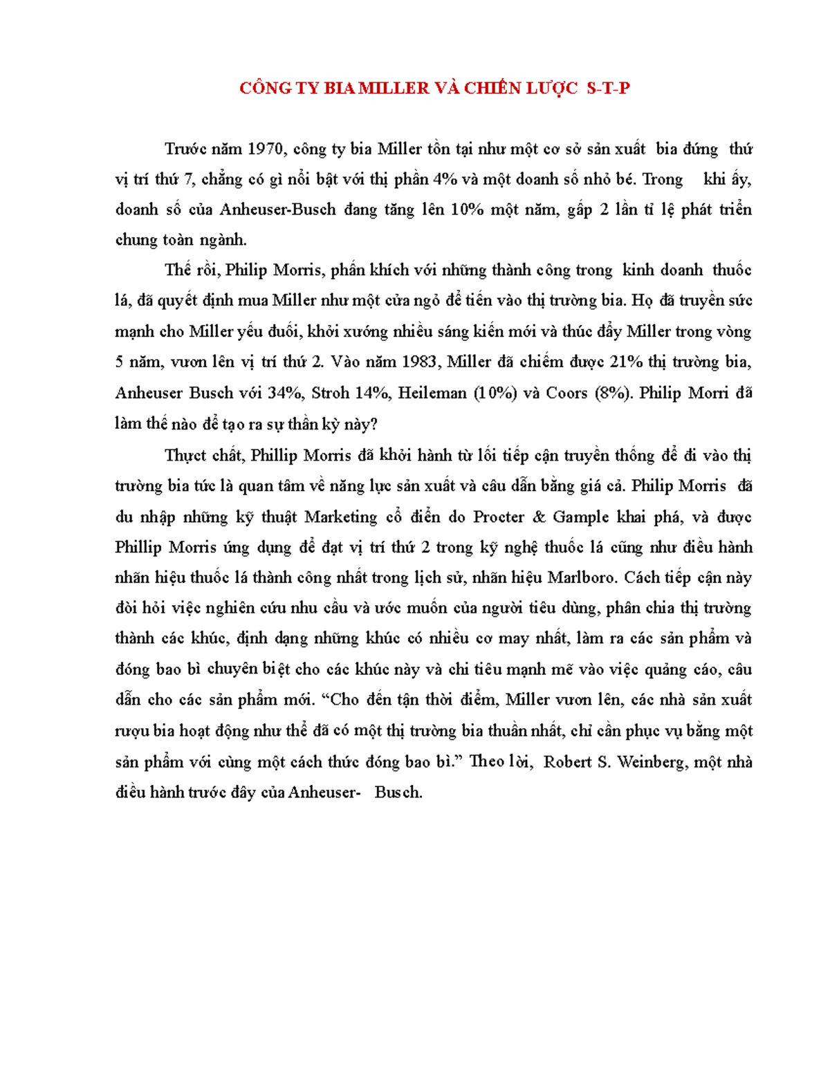 CÔNG TY BIA Miller VÀ CHIẾN LƯỢC S-T-P - CÔNG TY BIA MILLER VÀ CHIẾN ...