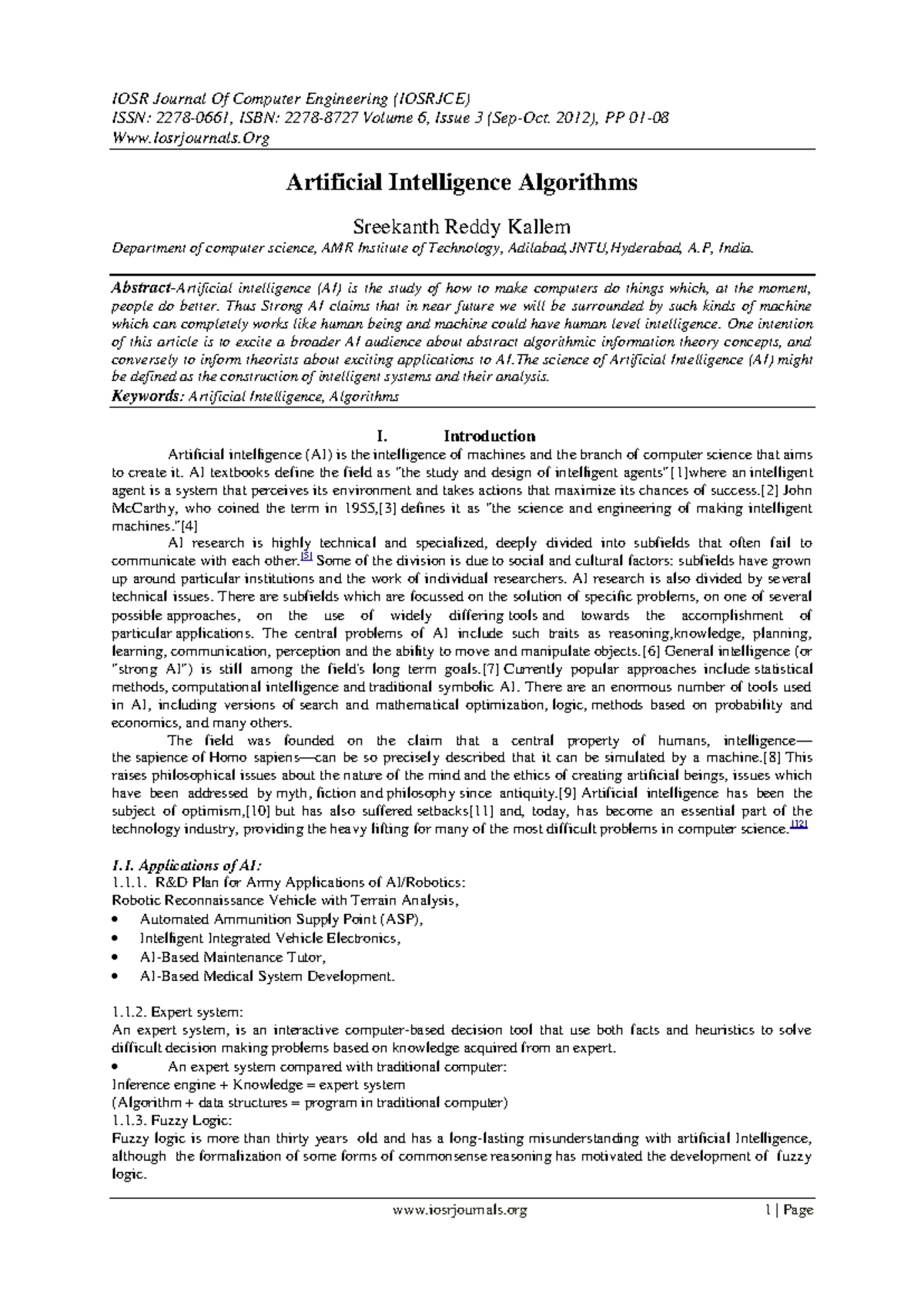 Artificial Intelligence Algorithms - IOSR Journal Of Computer ...