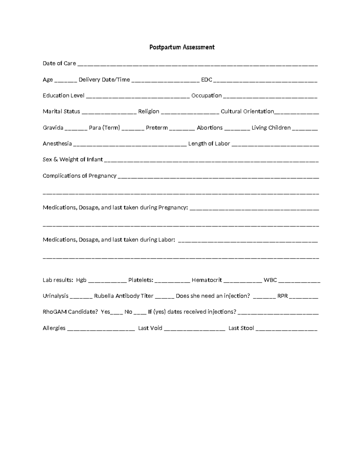 Postpartum Assessment(1)(1) - Postpartum Assessment Date of Care - Studocu