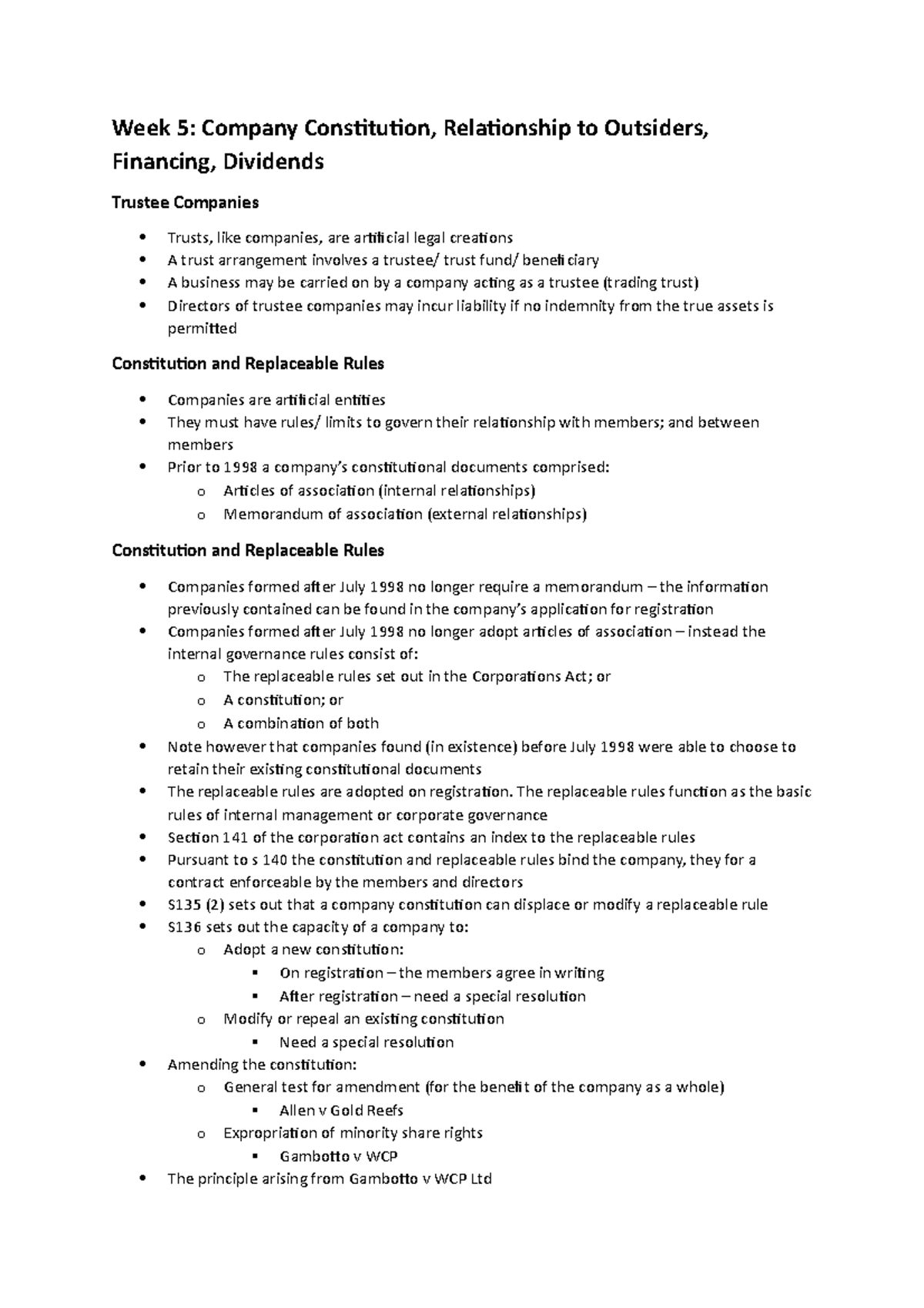 ACCG2051 Lec Notes W5 - Week 5: Company Constitution, Relationship to ...