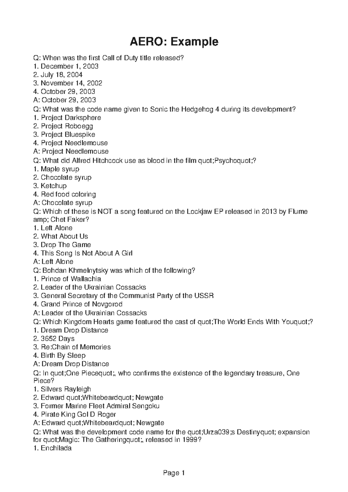 AERO258 Presentation 7 - AERO: Example Q: When was the first Call of ...