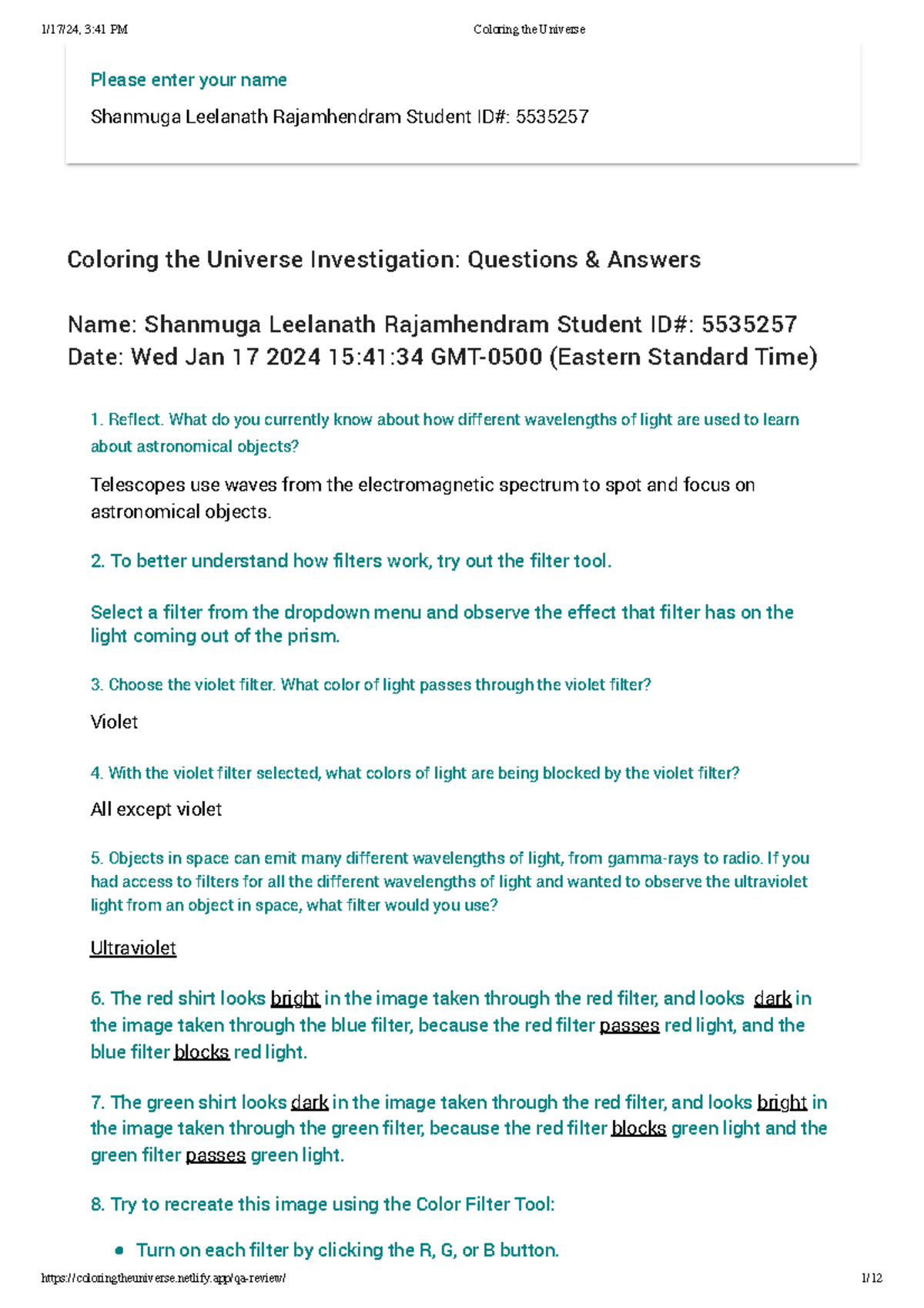 Coloring the Universe - Answers - Coloring the Universe Investigation ...