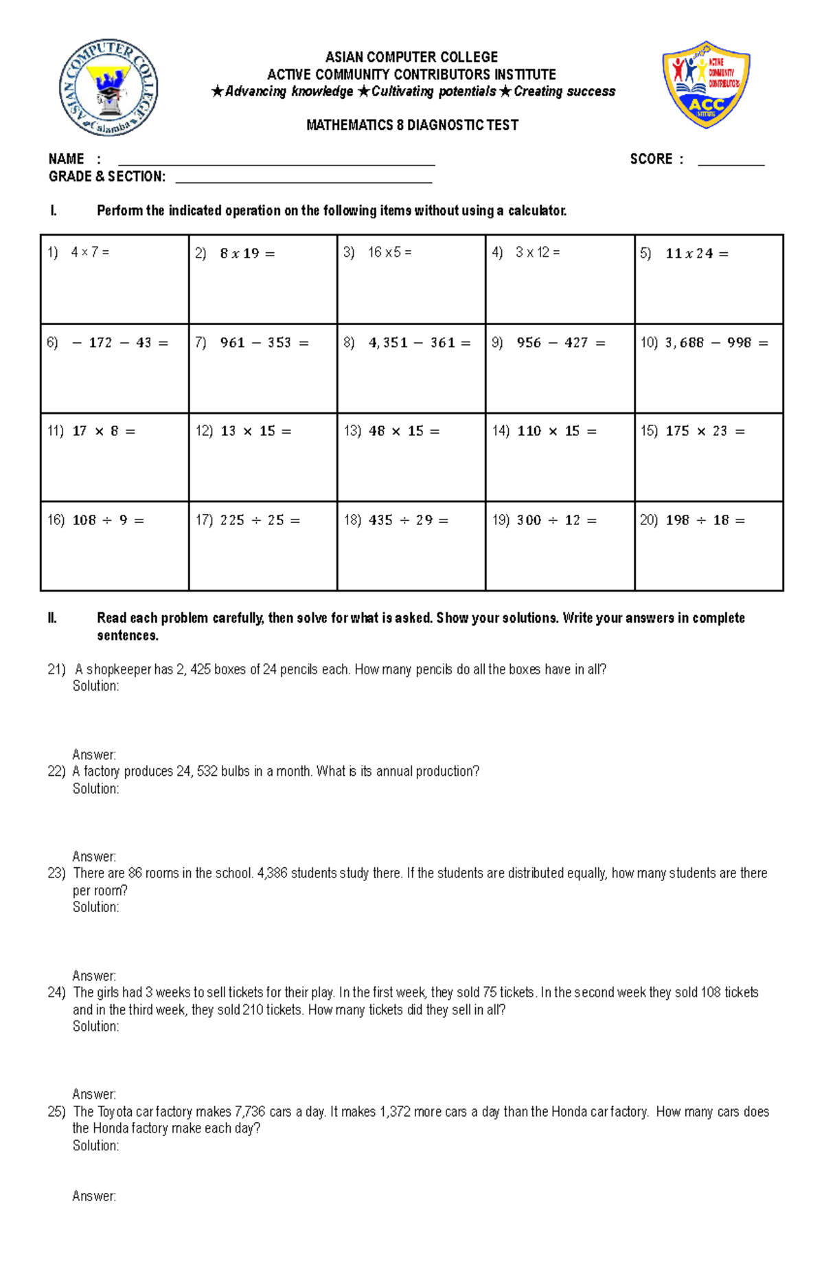 Math Diagnostic test Grade 8 - ASIAN COMPUTER COLLEGE ACTIVE COMMUNITY ...