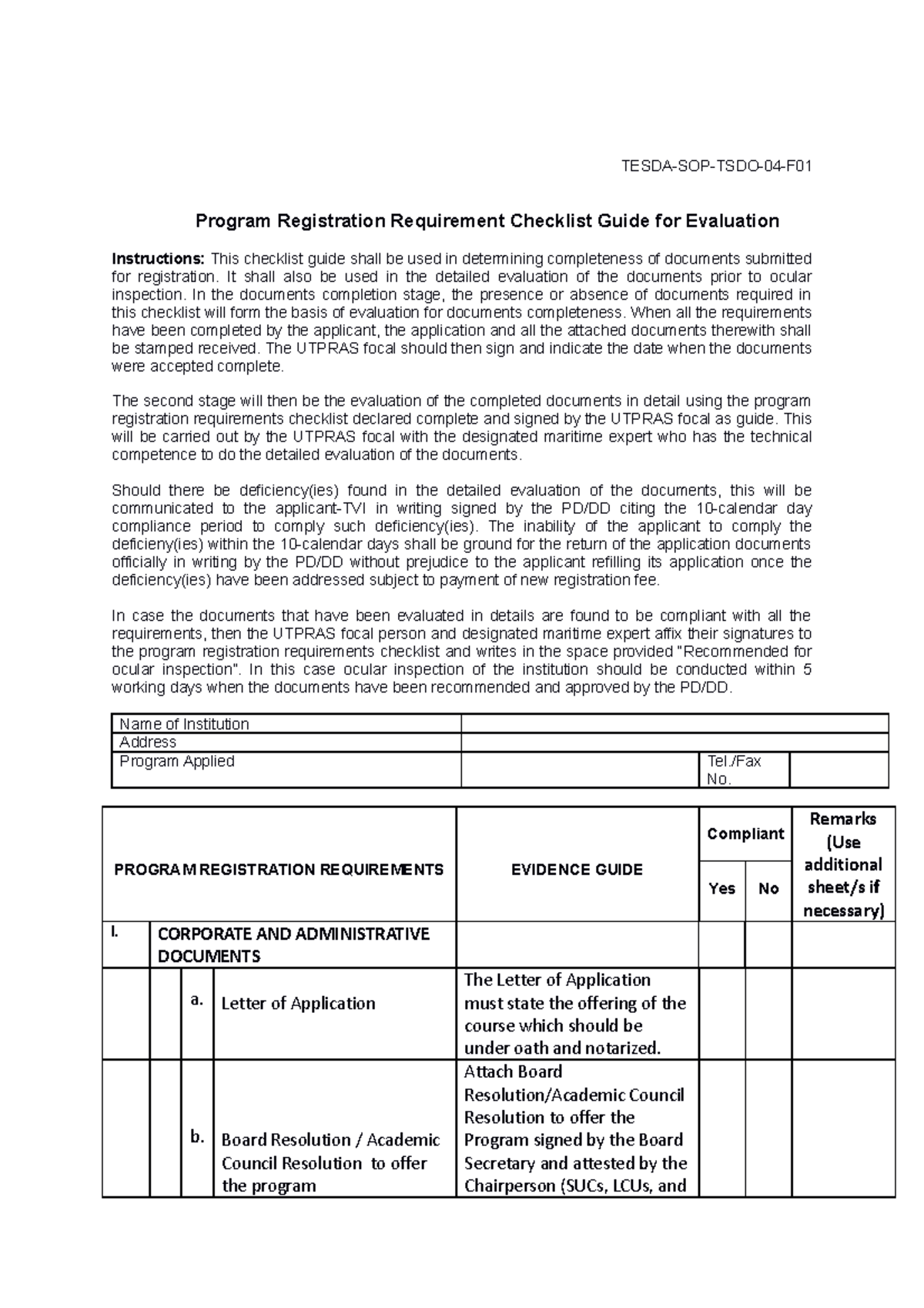 Procedures Manual ON Utpras - TESDA-SOP-TSDO-04-F Program Registration ...