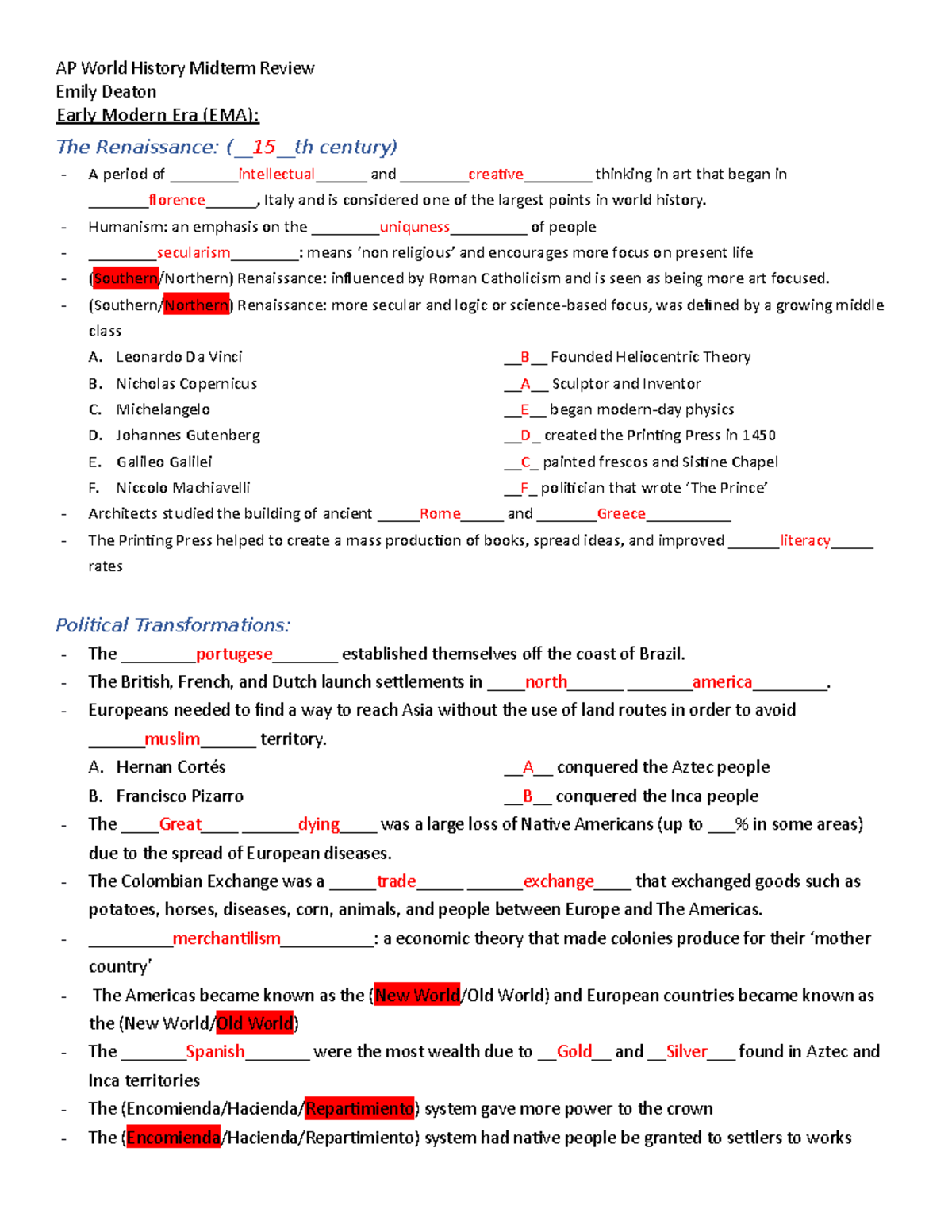 Ap W Midtern Answers - Study Guide - Emily Deaton Early Modern Era (EMA ...