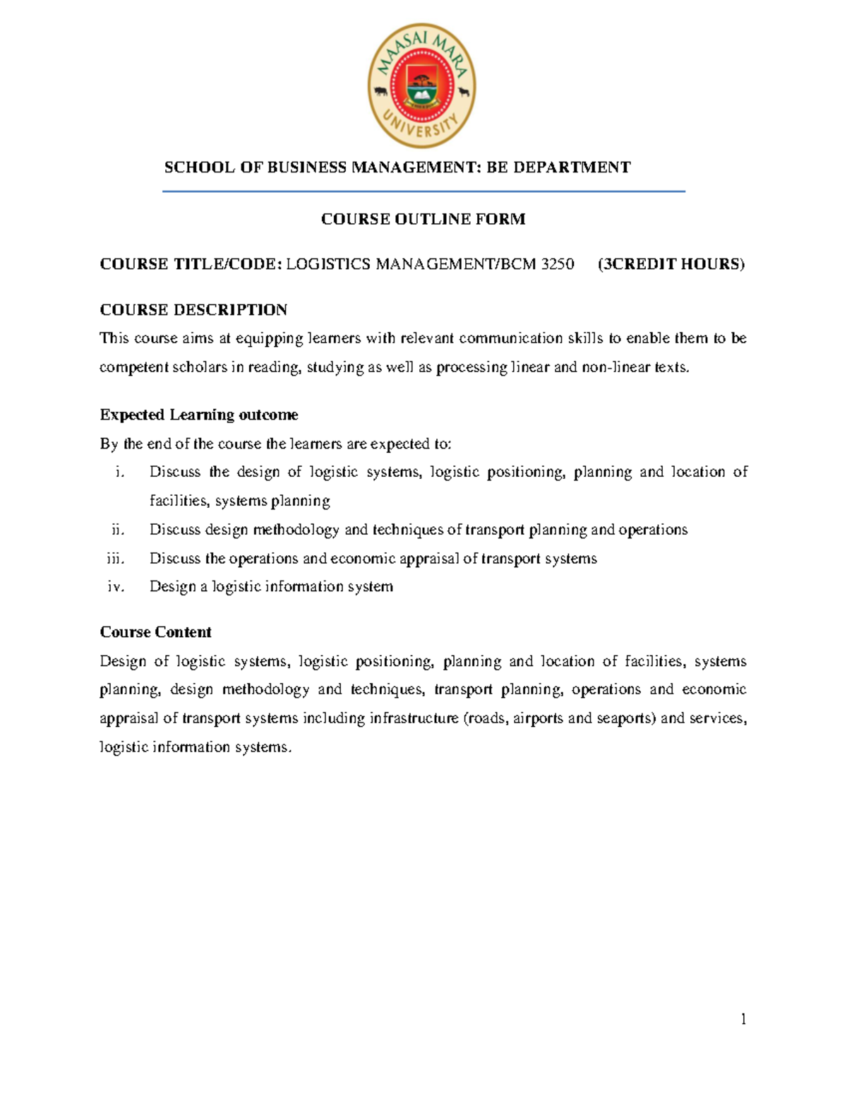 BCM 3250, Logistics Management - SCHOOL OF BUSINESS MANAGEMENT: BE ...